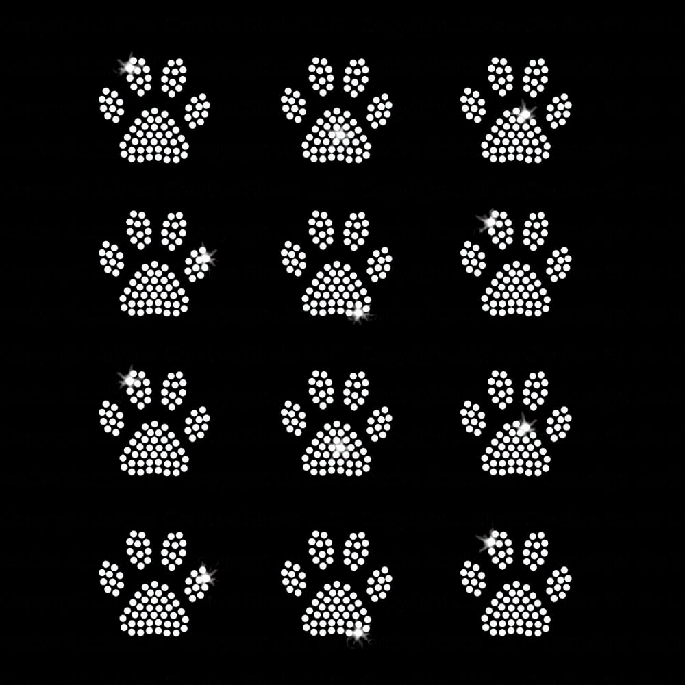 Set 0f 12 Mini Paw Print Sparkly Iron-on Clear Rhinestone Transfer ...