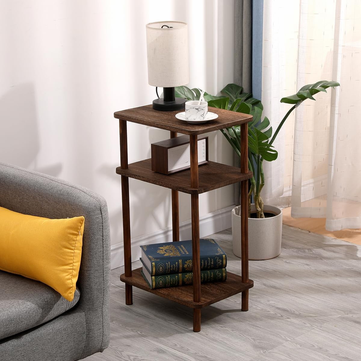 Set of 1 End Tables, Wooden 3-Tier Narrow Side Table, Rustic Brown ...