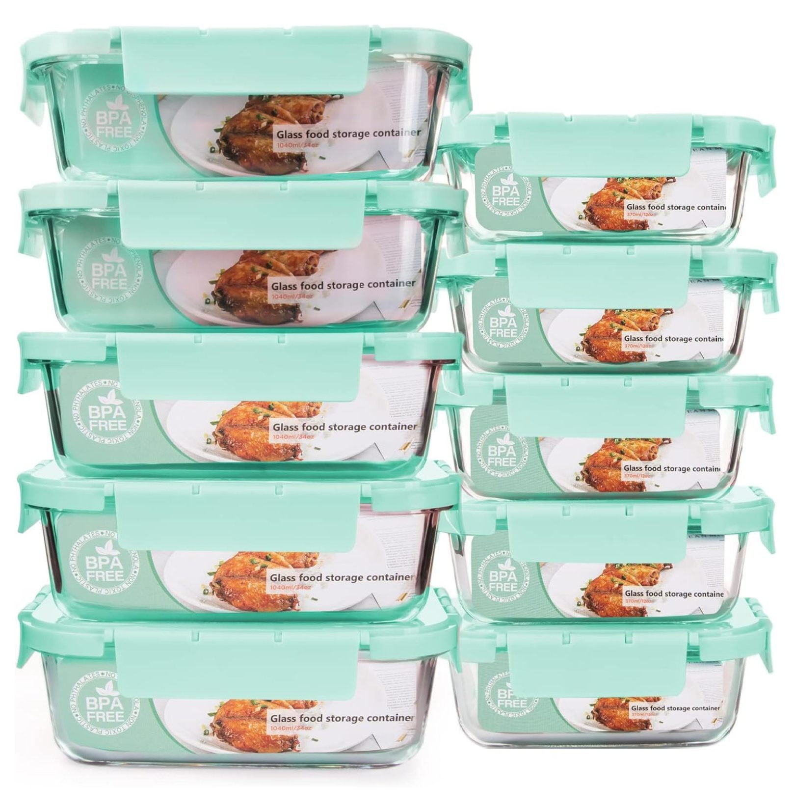 Set of 10 Glass Meal Prep Containers with Lid & Steam Vent, Food ...
