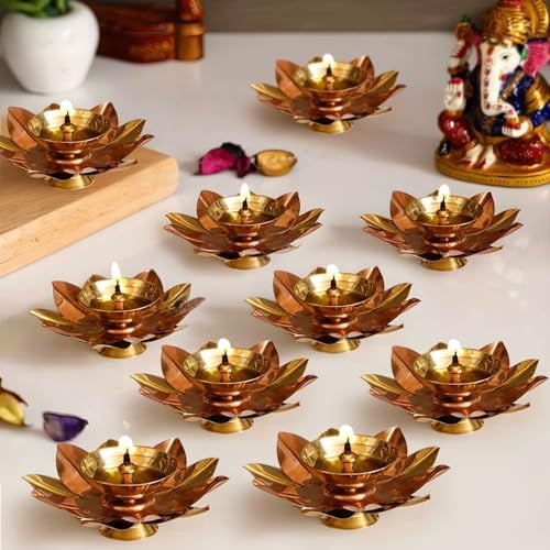 Set of 10 Lotus Shape Brass Diyas for Pooja Home Decorations, Mandir ...