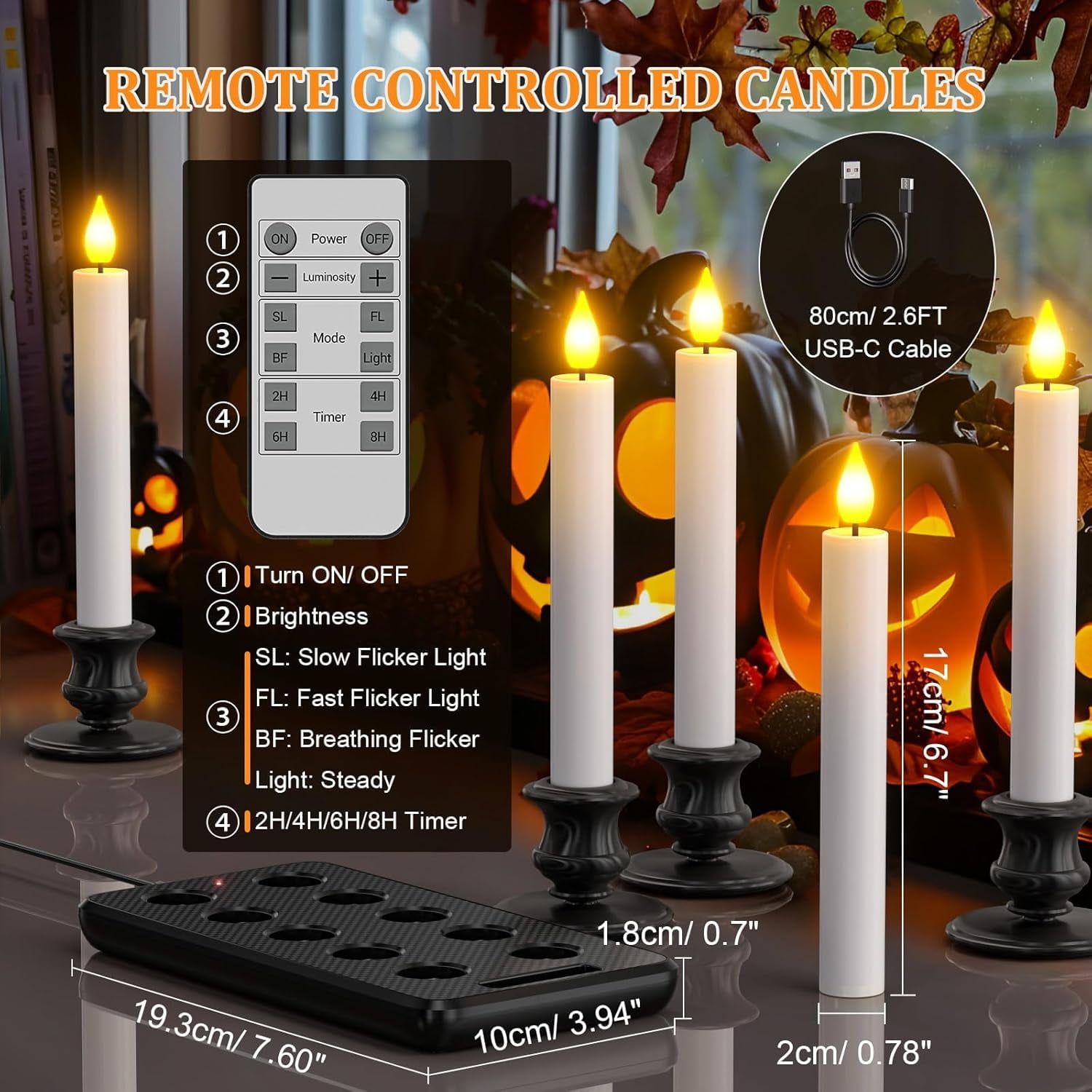 Set of 10 Rechargeable LED Taper Candles, Flameless Electric ...