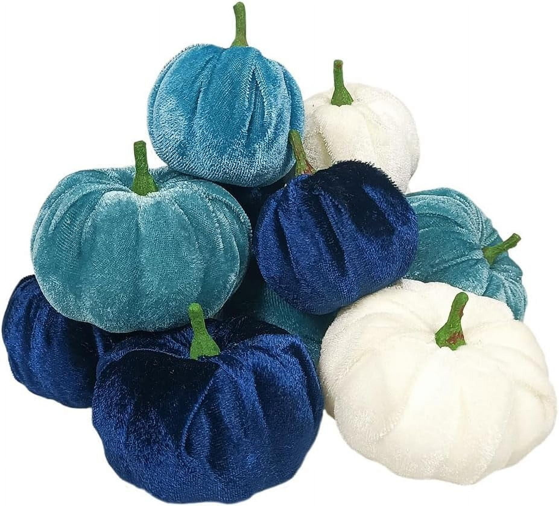 Set of 12 Assorted Artificial Velvet Pumpkins Decorative Blue Teal Ivory Fake Faux Foam Fabric ...