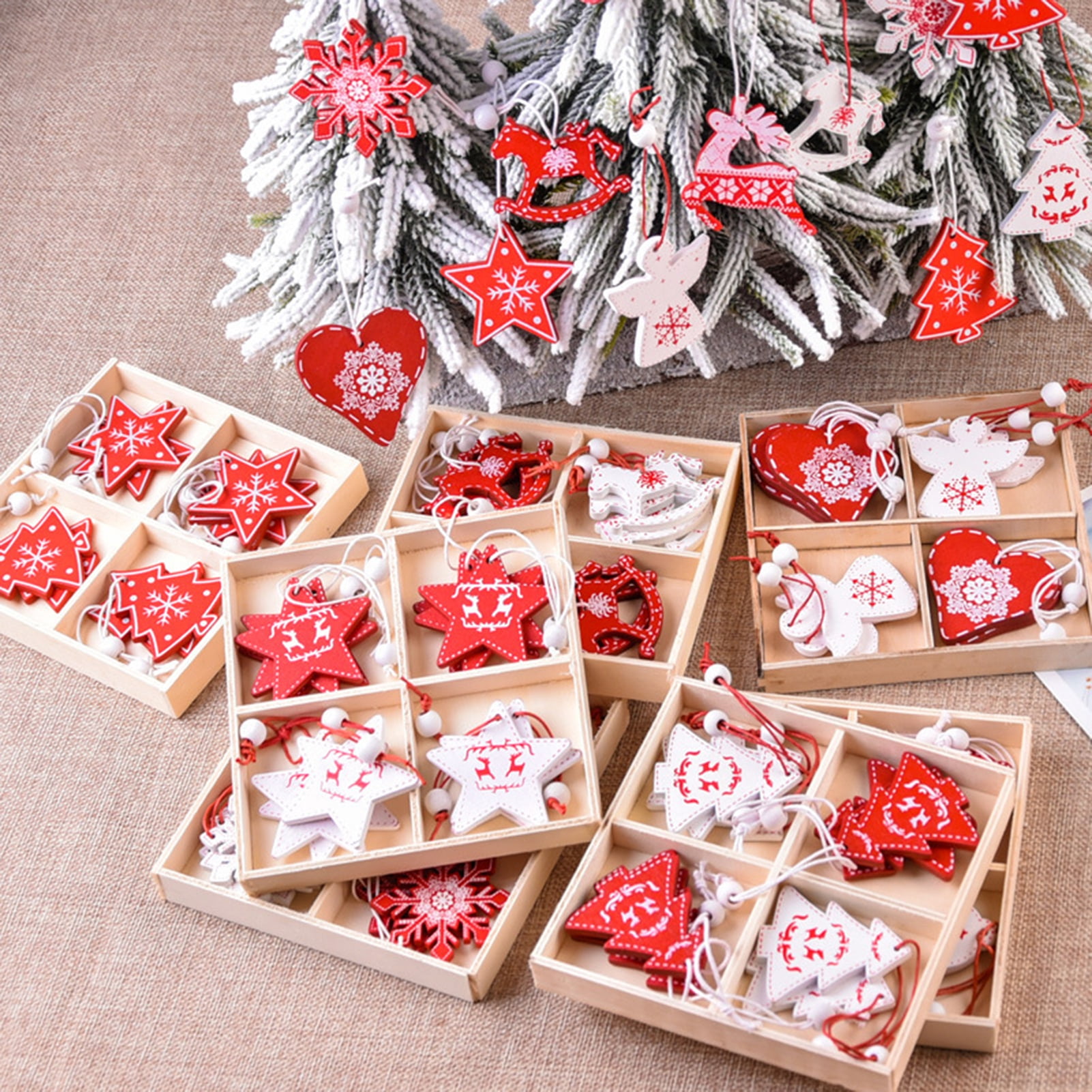 Set of 12 Christmas Wooden Hanging Decorations Bells, Snowflakes ...