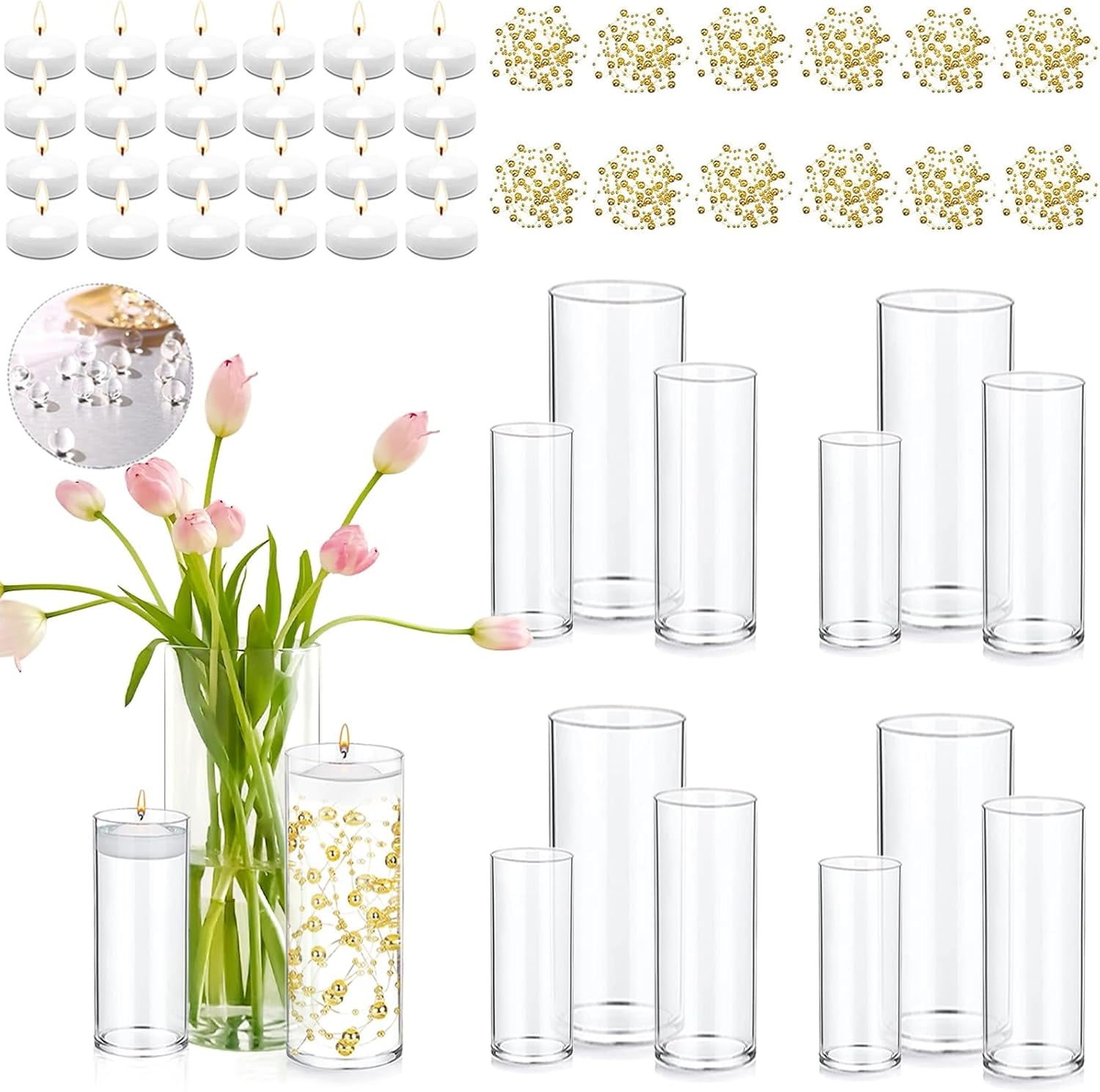 Set of 12 Glass Cylinder Vases for Centerpieces with 80000 Water Beads ...