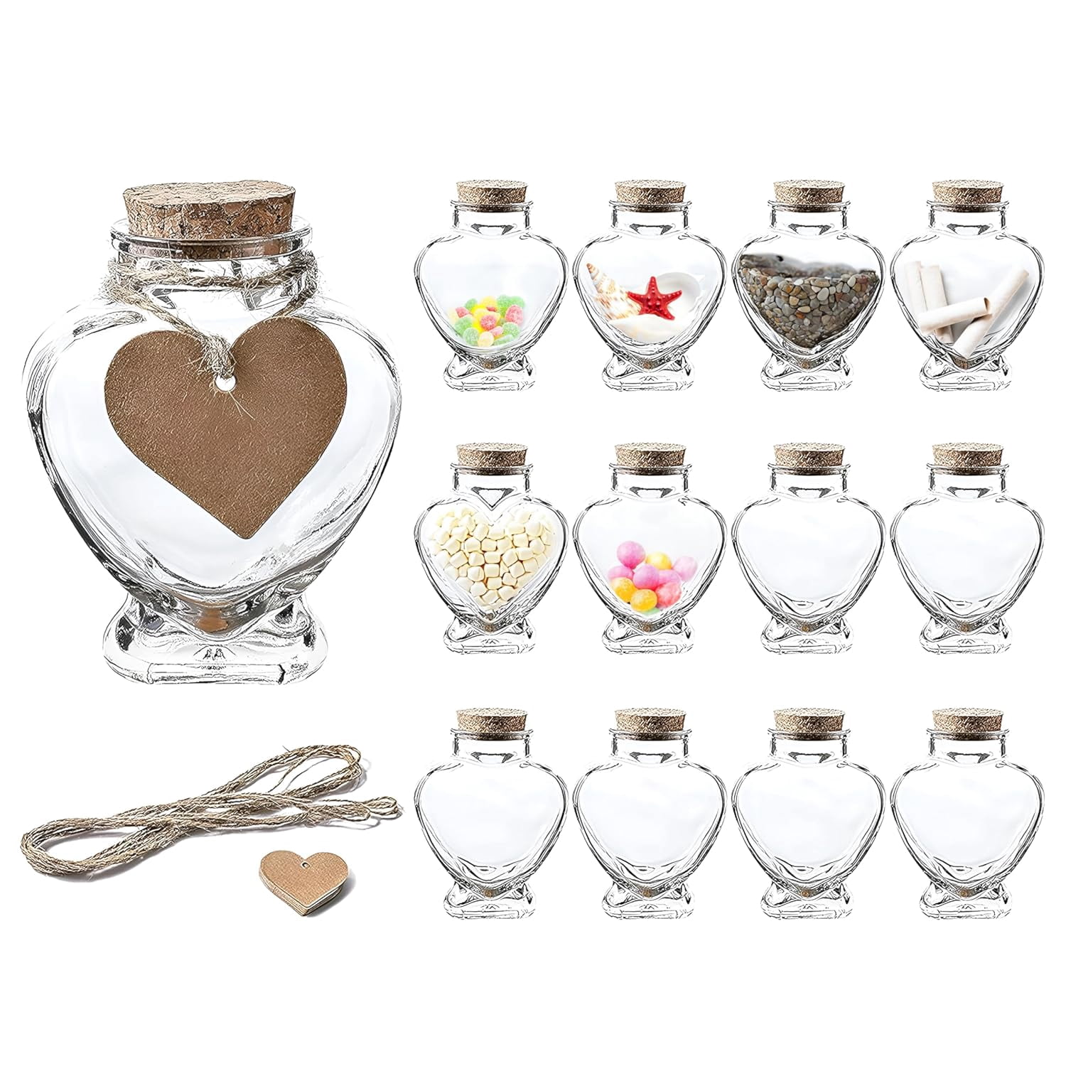 Set of 12 Heart Shaped Glass Jars with Cork Lids Mini Bottles with ...