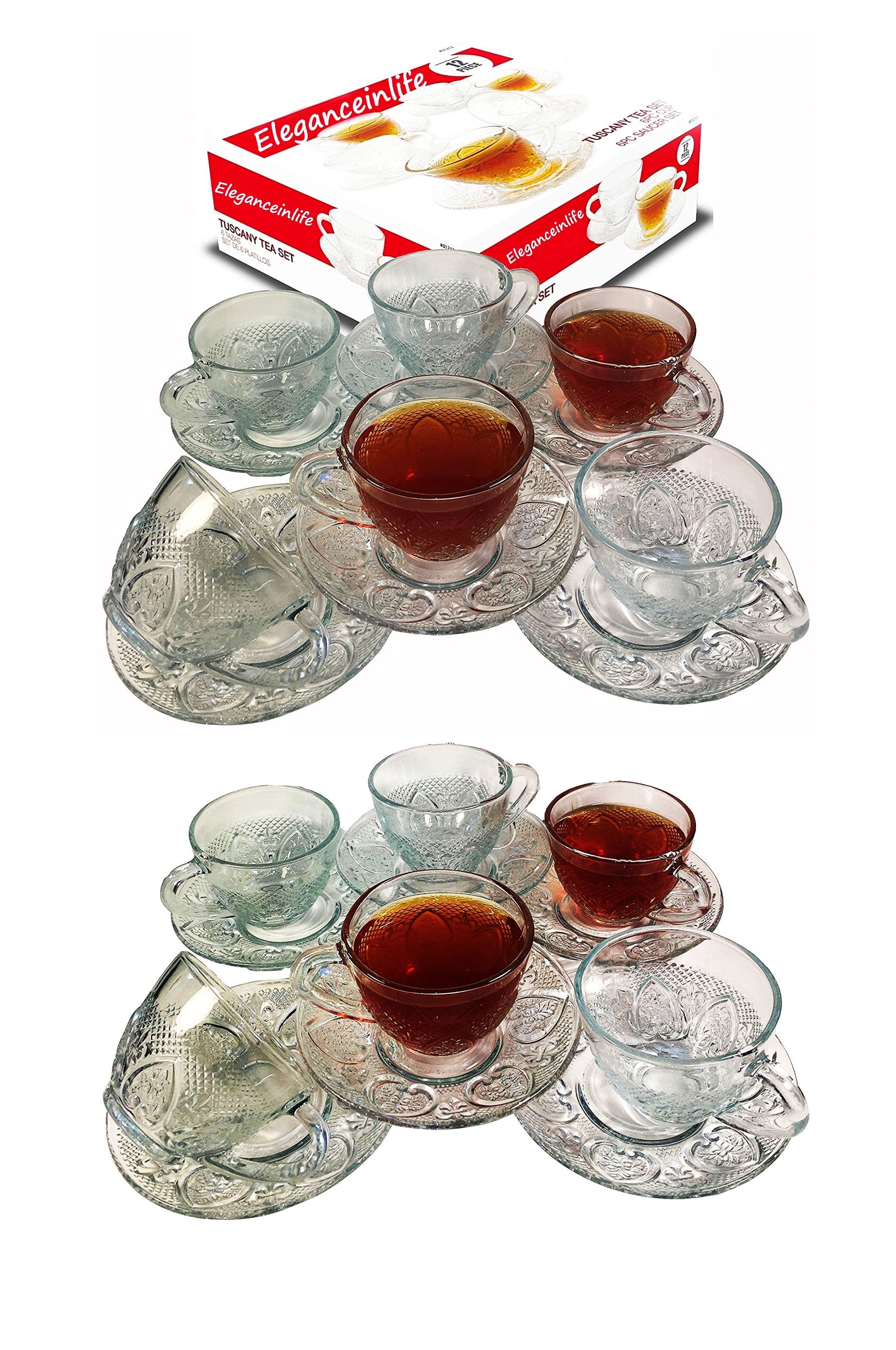 Set 12 Piece Cup & Saucer Set Glass Tea Party Microwave Safe Coffee or ...