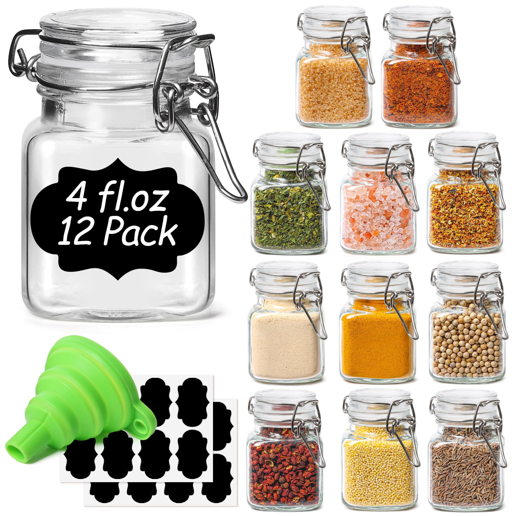 Set Of 12 Square Glass Spice Jars With Airtight Lids (4 Oz) Mini Favor ...