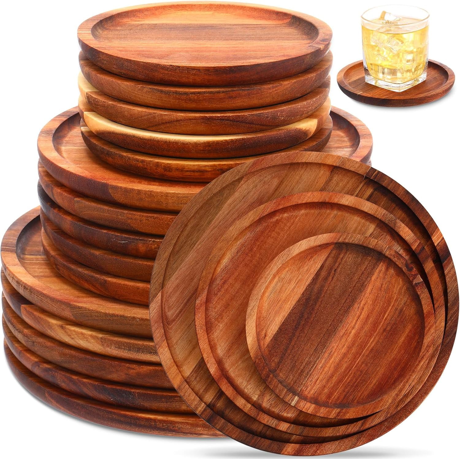 Set of 15 Round Acacia Wood Dinner Plates Natural Wooden Charger Plates ...