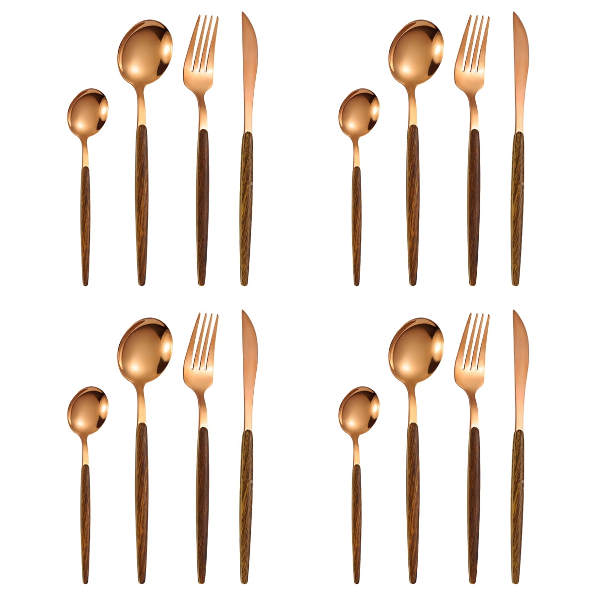 Set 16 Pieces, Wood Surface Handle And Matte Gold Head Flatware Set, Stainless Steel Cutlery Set ...