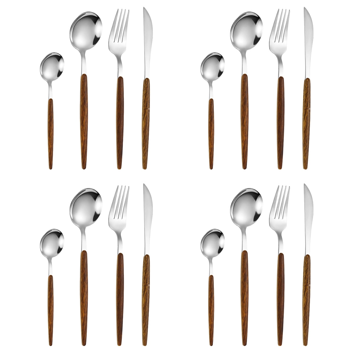 Set 16 Pieces, Wood Surface Handle And Matte Gold Head Flatware Set, Stainless Steel Cutlery Set ...