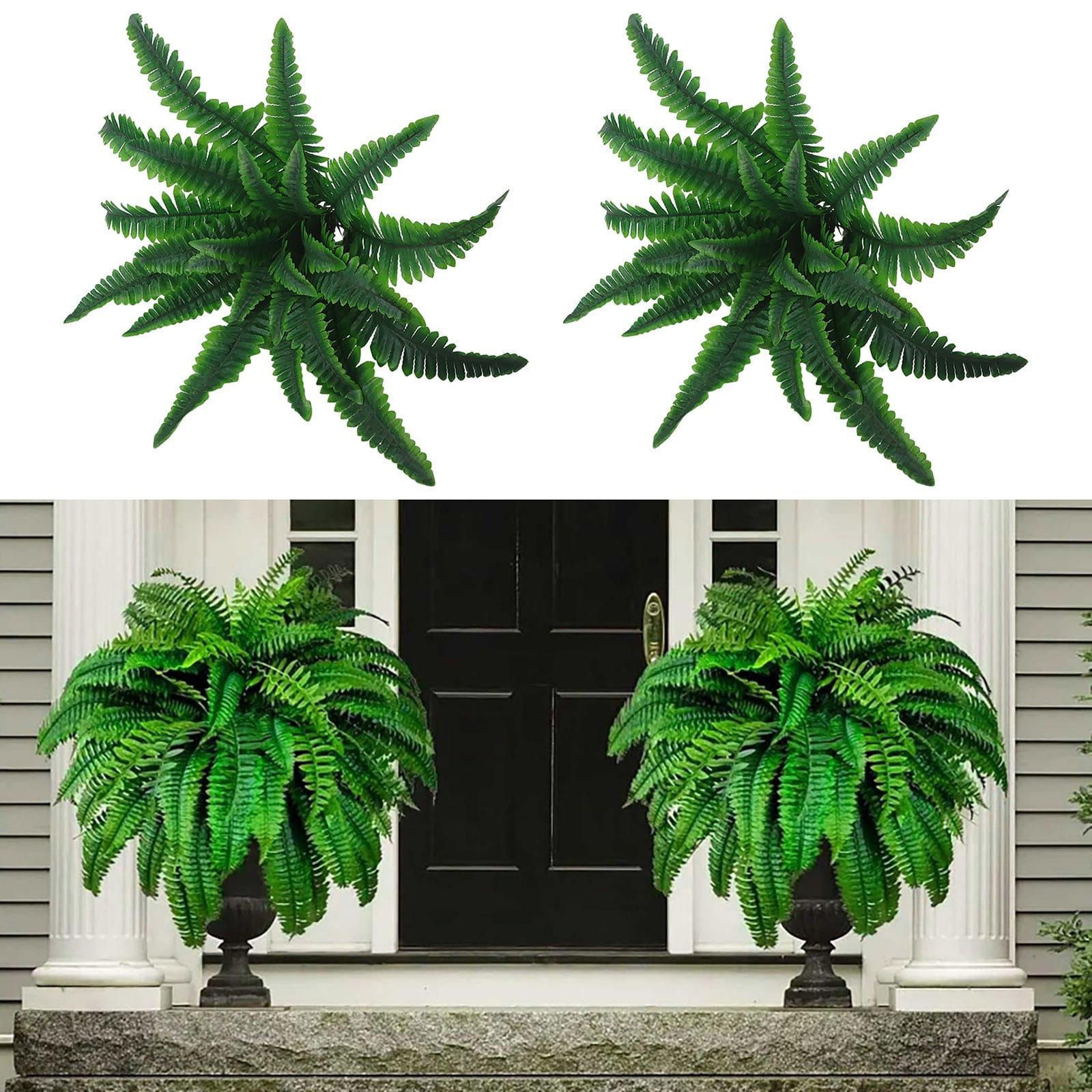 Set Of 2, 23 Inch Artificial Ferns For Porch 24 Branches Silk Screen ...