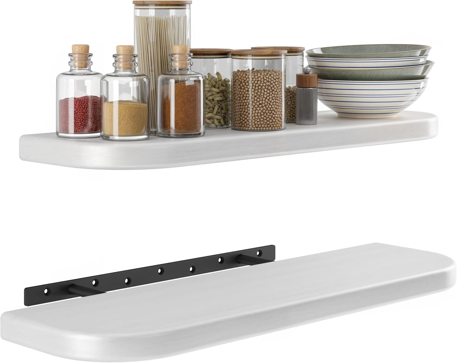 Set of 2 24" White Acacia Wood Floating Shelves Wall Mounted (Round ...