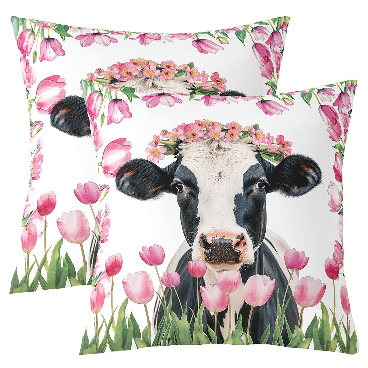 Set Of 2 3D Cow Cushion Cases 18x18 Inch Girls Pink Cheerry Blossom ...