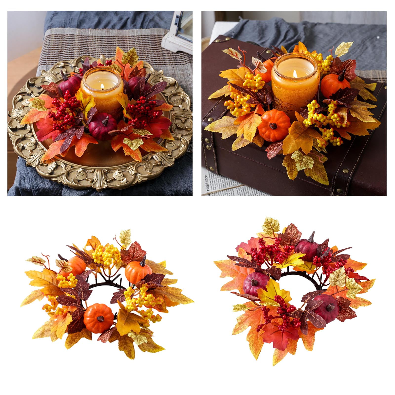 Set of 2 8in Fall Candle Rings Wreaths Artificial Pumpkin Maple Leaf ...