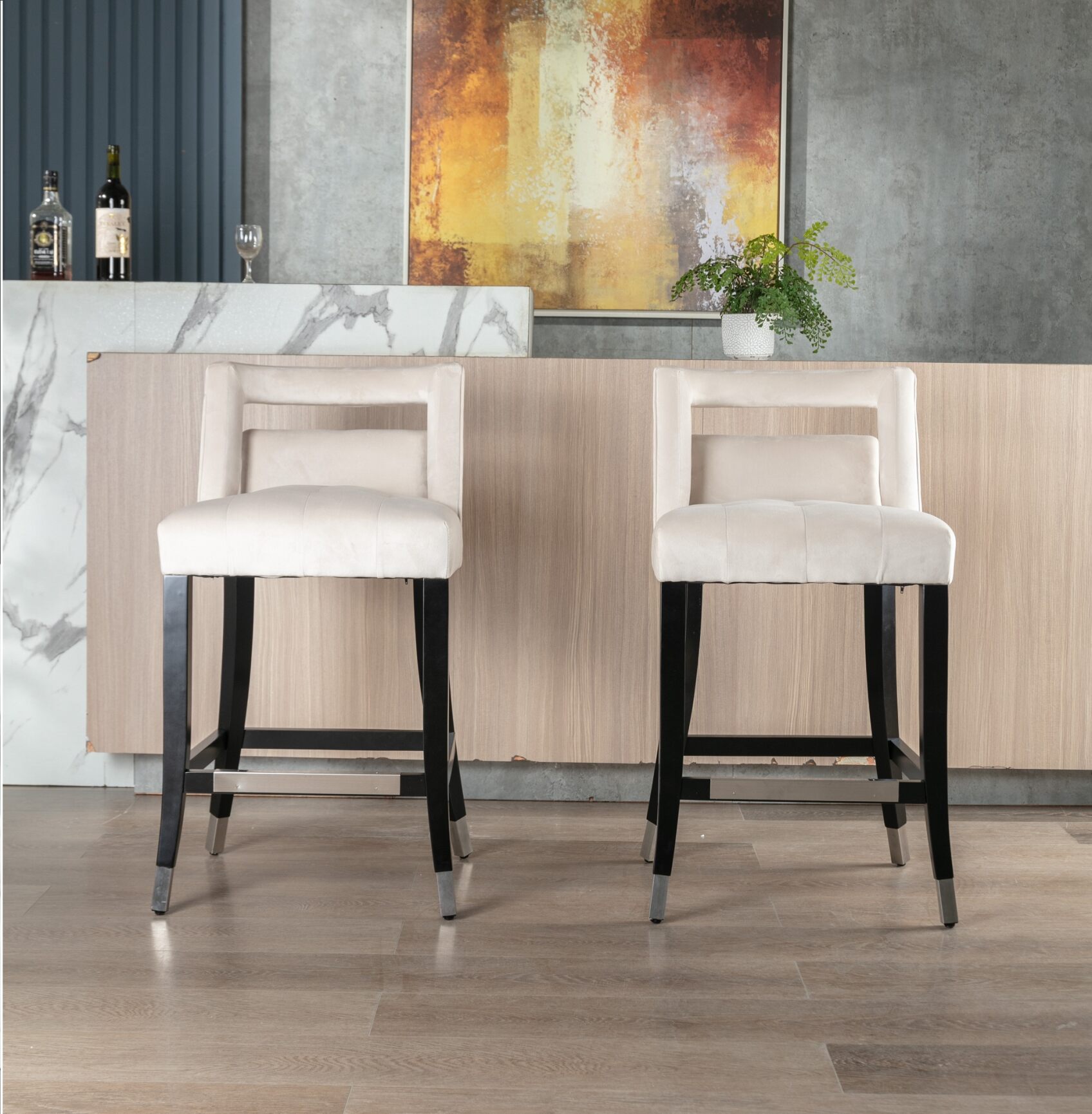 Set of 2 Accent Bar Stool, Modern Velvet Upholstered Counter Height Bar ...