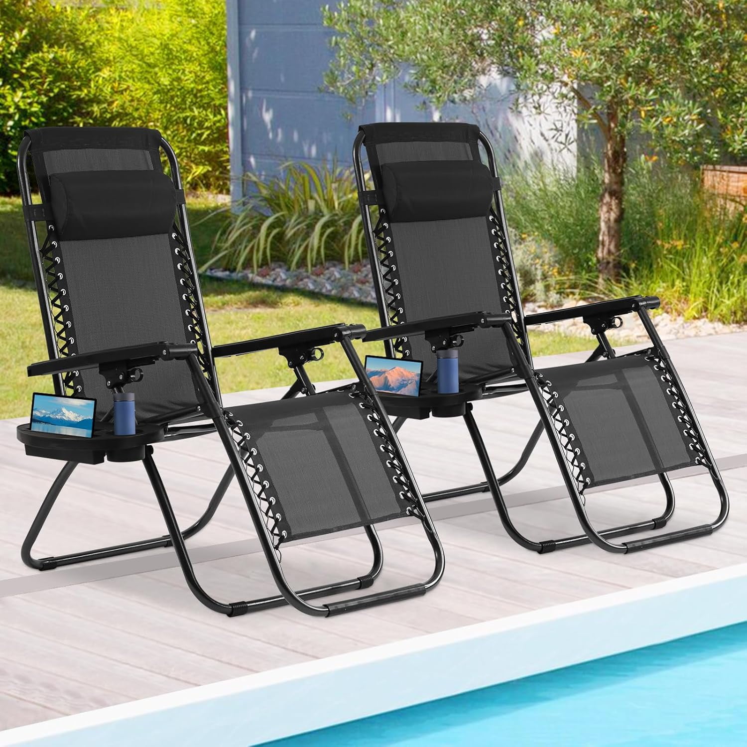 Set of 2 Adjusatable Chair Mesh Outdoor Lounge Chair with Pillows and ...