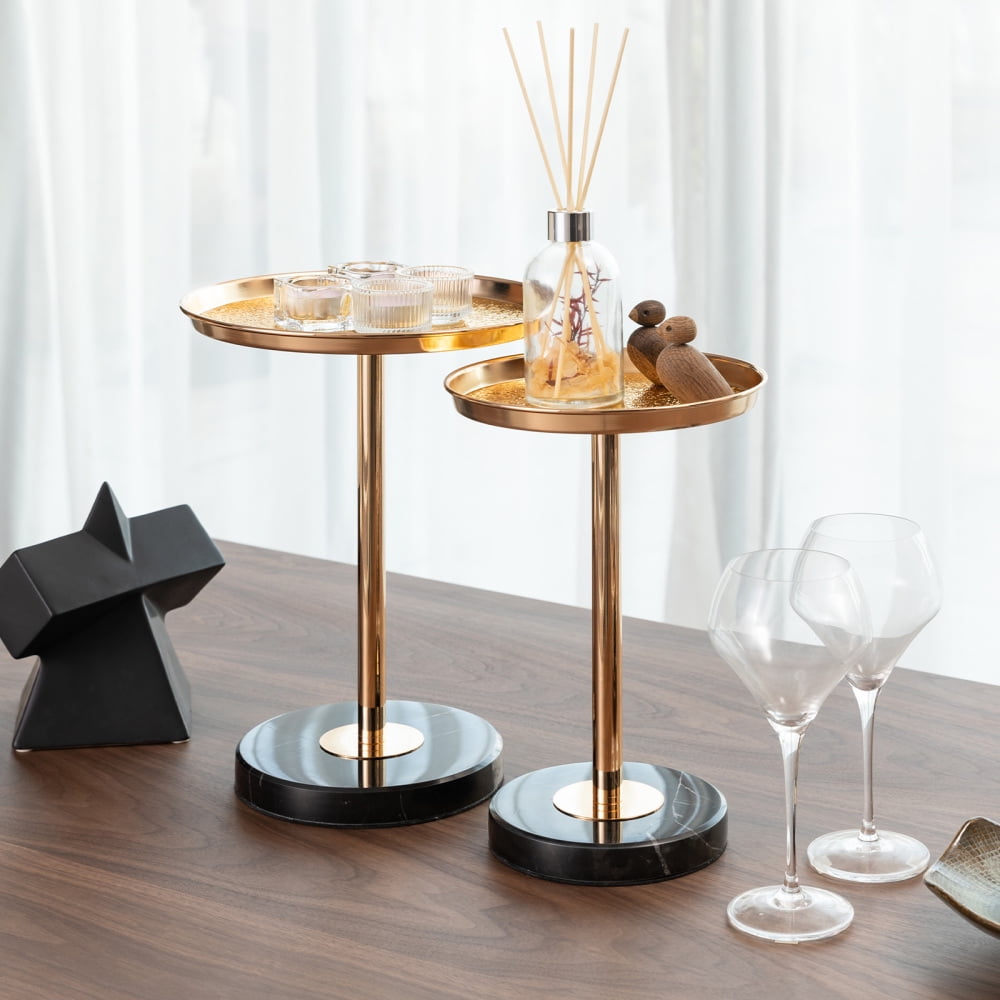Set of 2 Adjustable Height Side Tables - Round Marble MDF Tops w/ Gold ...