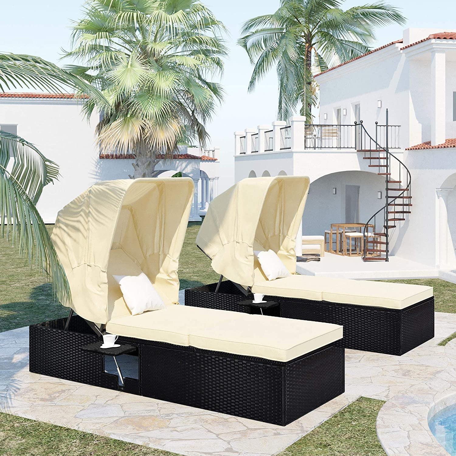 (Set of 2) Adjustable Outdoor Chaise Lounge Chair Rattan Wicker Patio ...