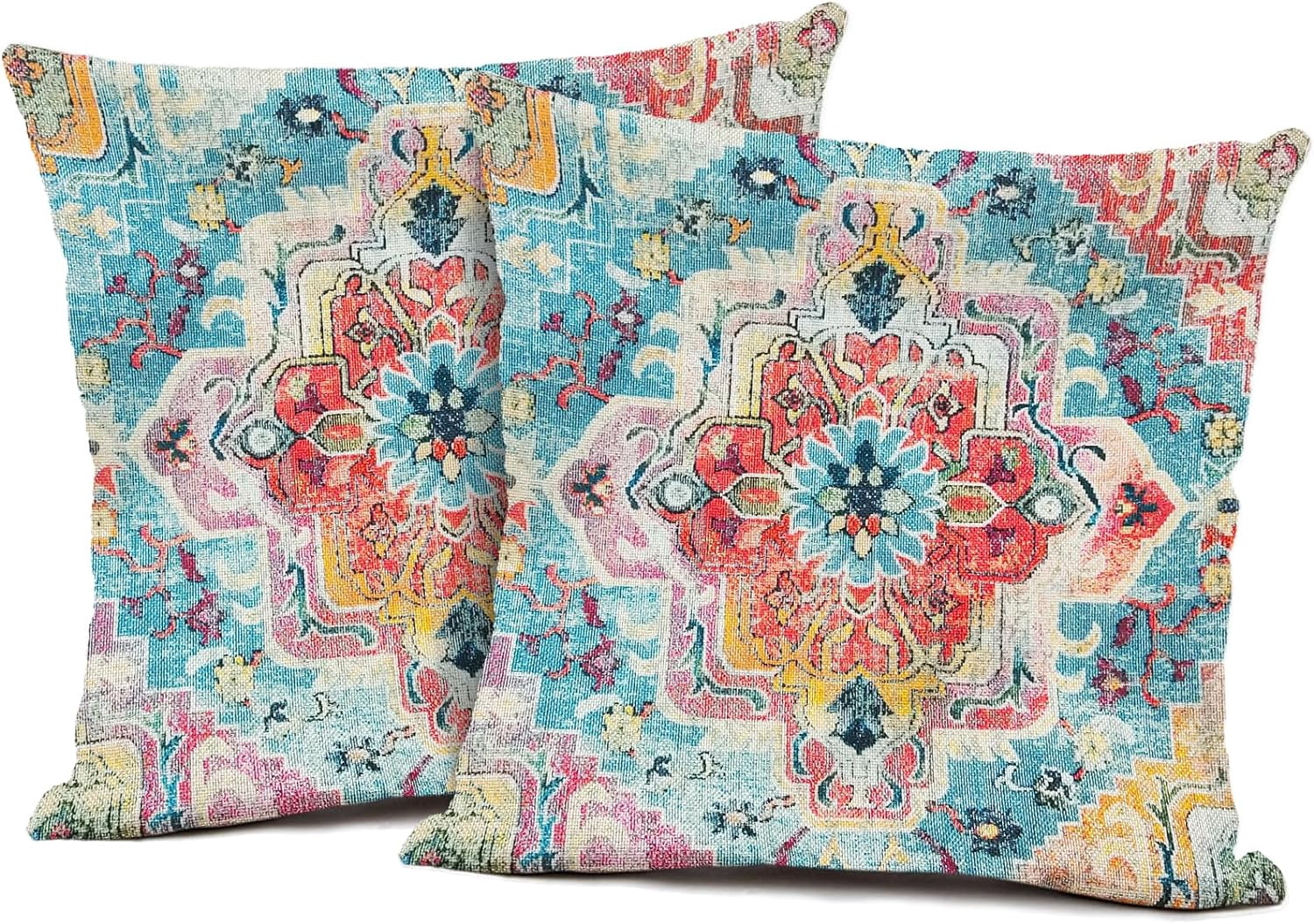 Set of 2 Antique Turkish Hereke Rug Print Boho Throw Pillow Cover Linen ...