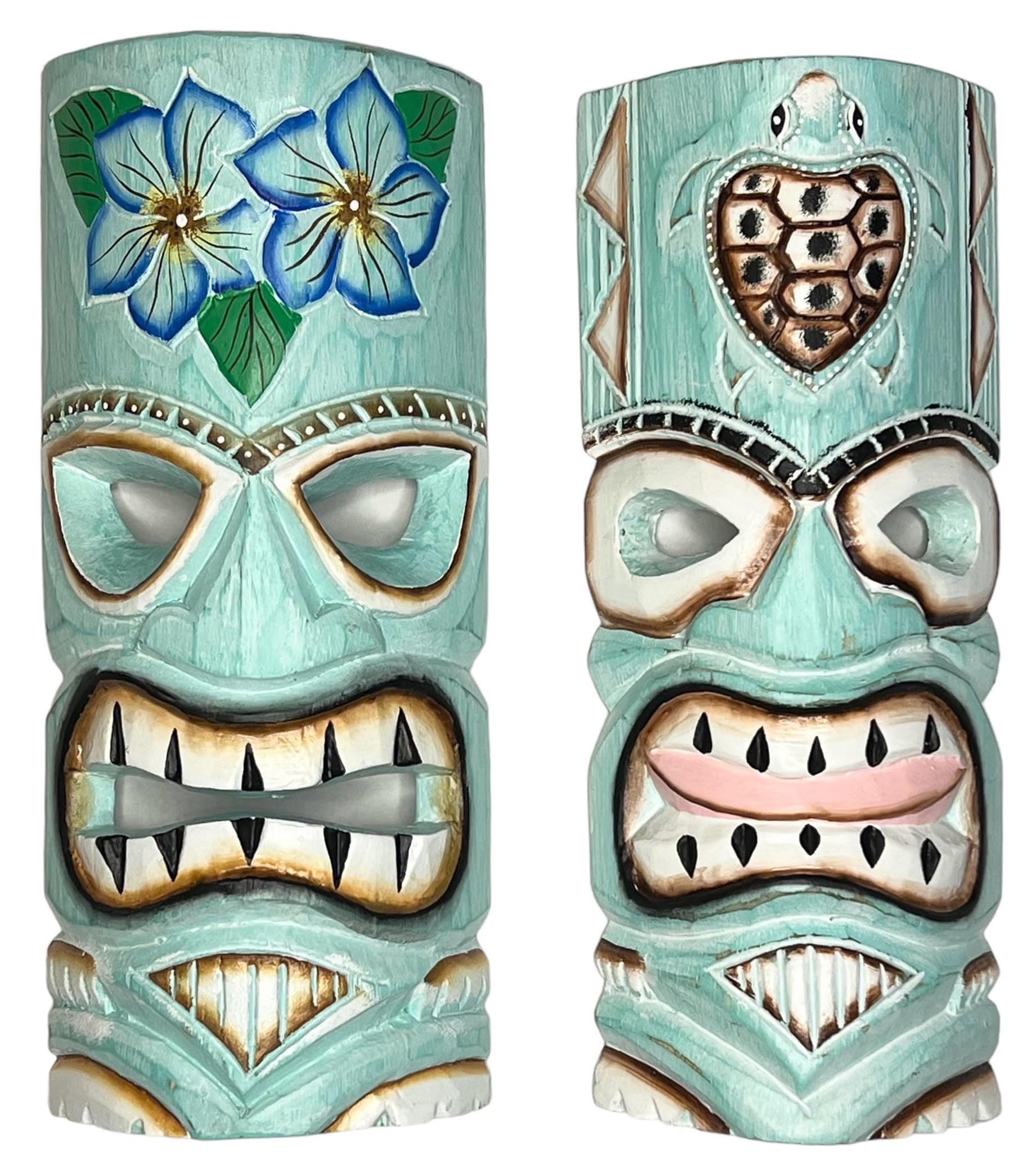 Set of 2 - Aqua Teal Tiki Mask - Unique Hand Carved Wall Hanging or ...