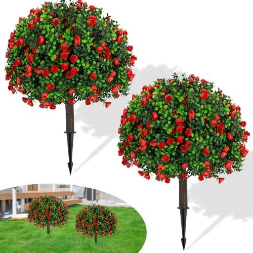 Set of 2 Artificial Boxwood Topiary Ball Trees with Red Flowers, 26" UV ...