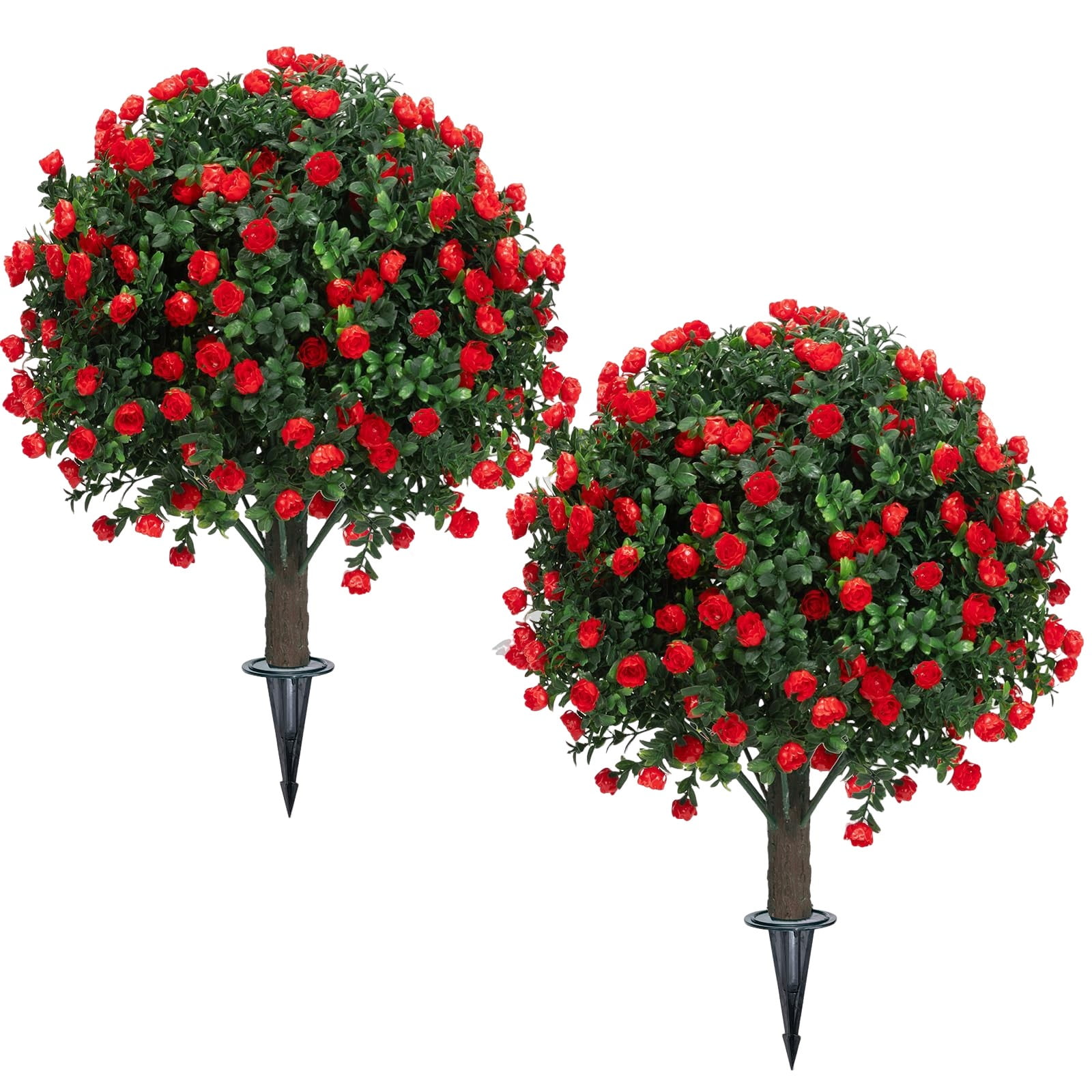 Set of 2 Artificial Boxwood Topiary Ball Trees with Red Flowers for ...