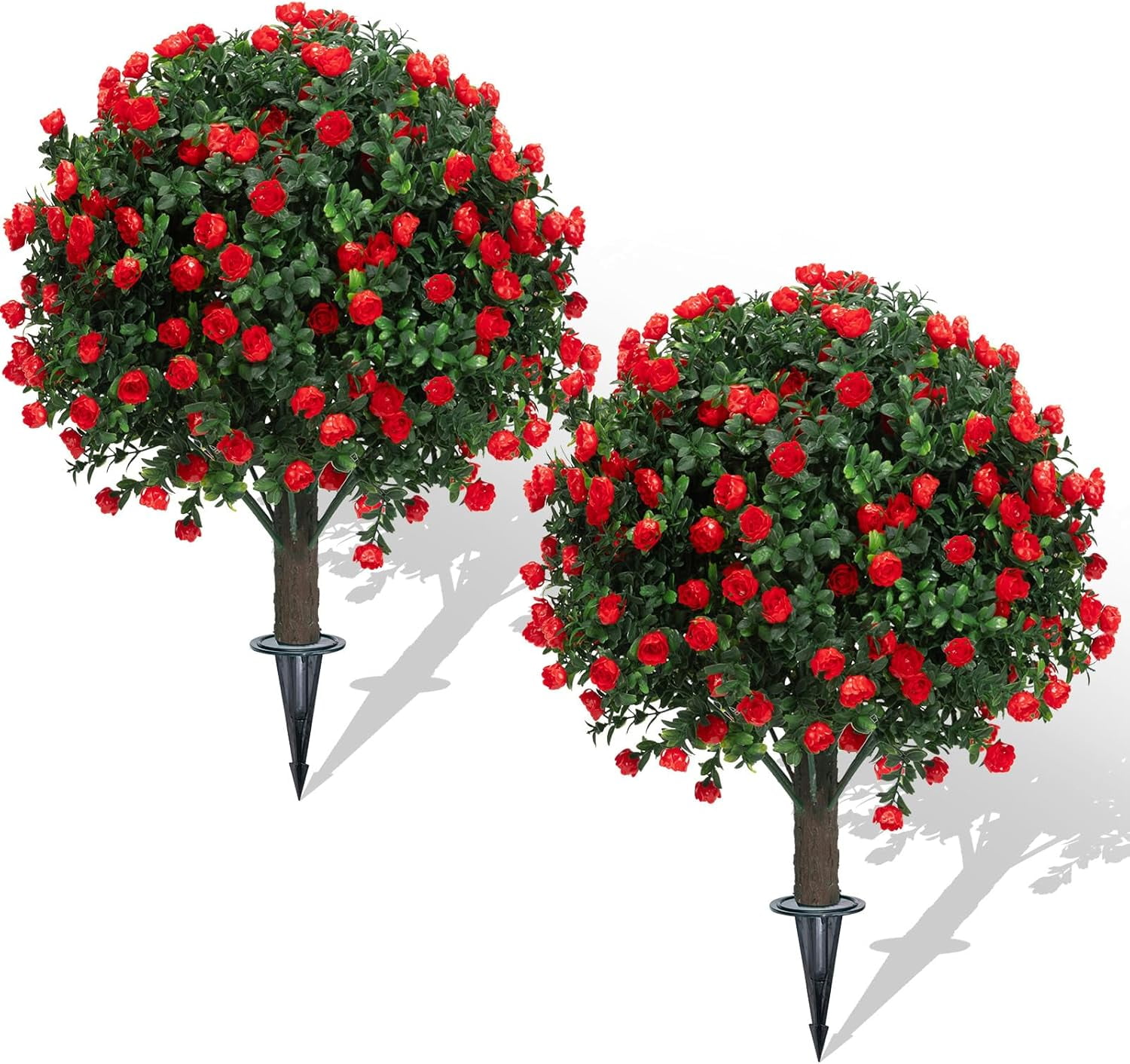 Set of 2 Artificial Boxwood Topiary Ball Trees with Red Flowers for ...