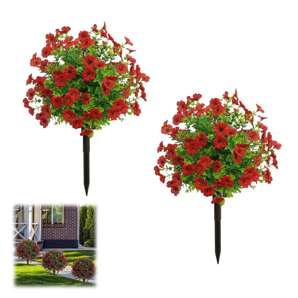 Set of 2 Artificial Boxwood Topiary Ball Trees with Red Flowers for ...