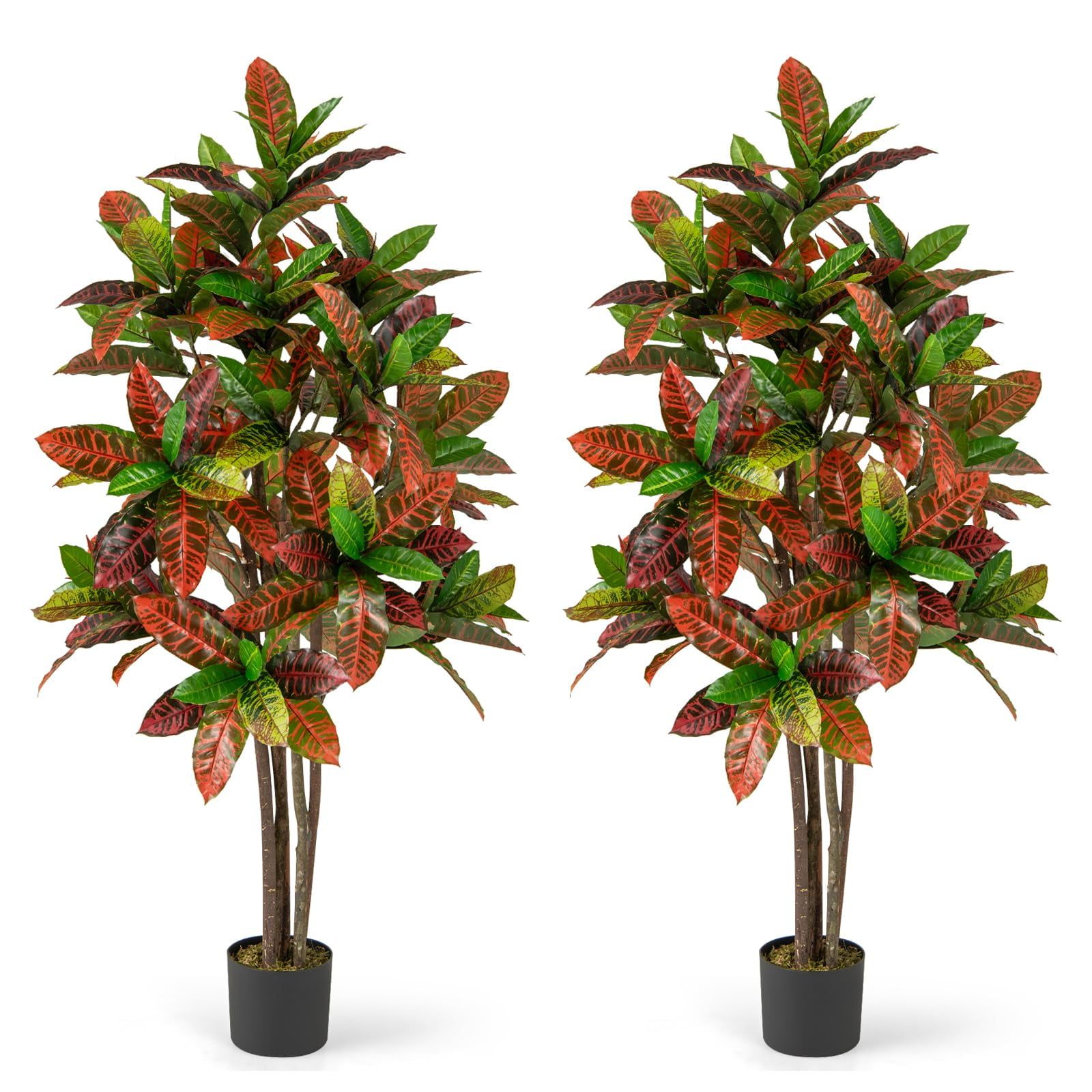 Set of 2 Artificial Croton Palm Trees 5 FT Tall, Potted Fake Plants ...