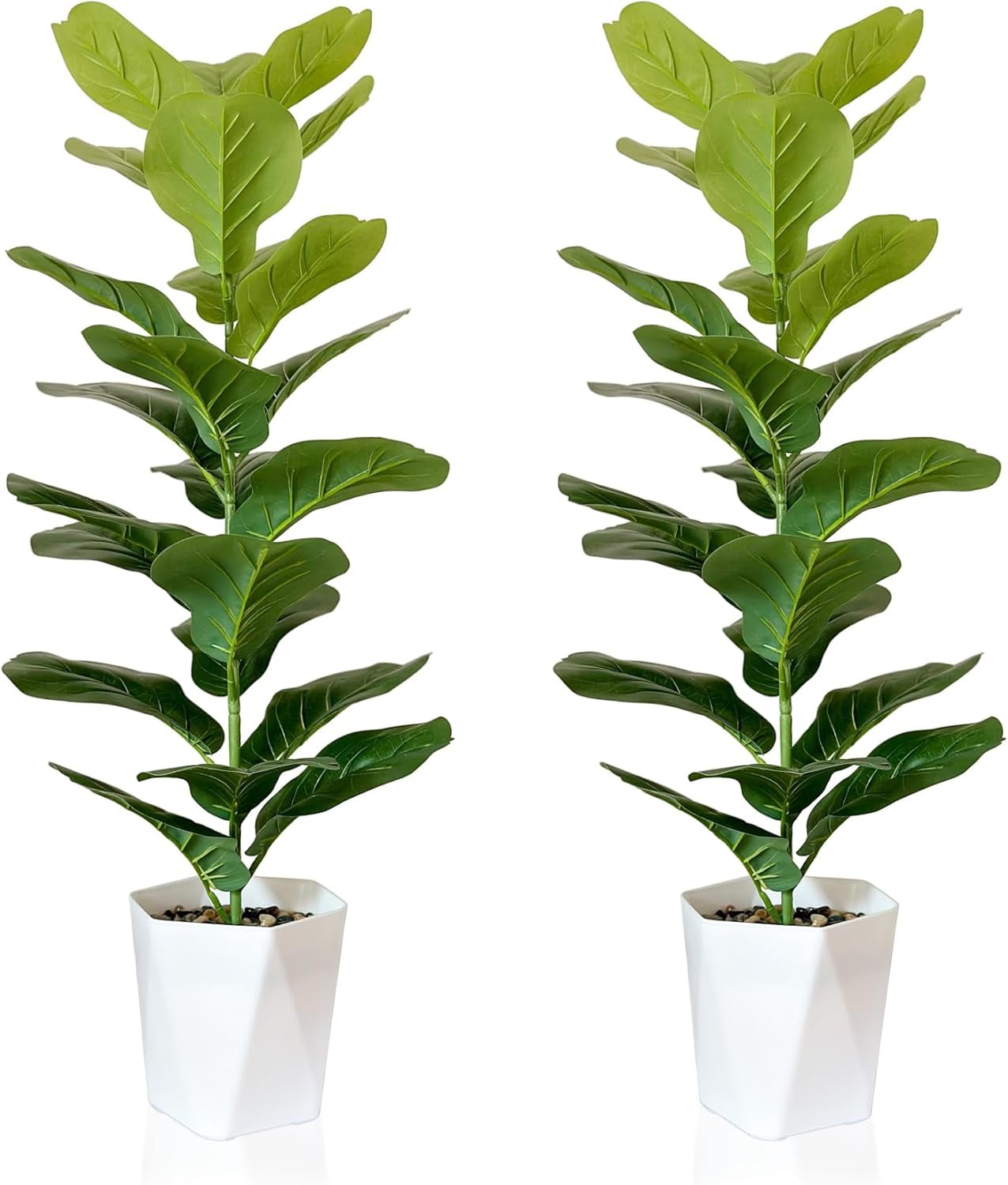 Set of 2 Artificial Fiddle Leaf Fig Trees in Pots, 33 Inch Faux Ficus ...