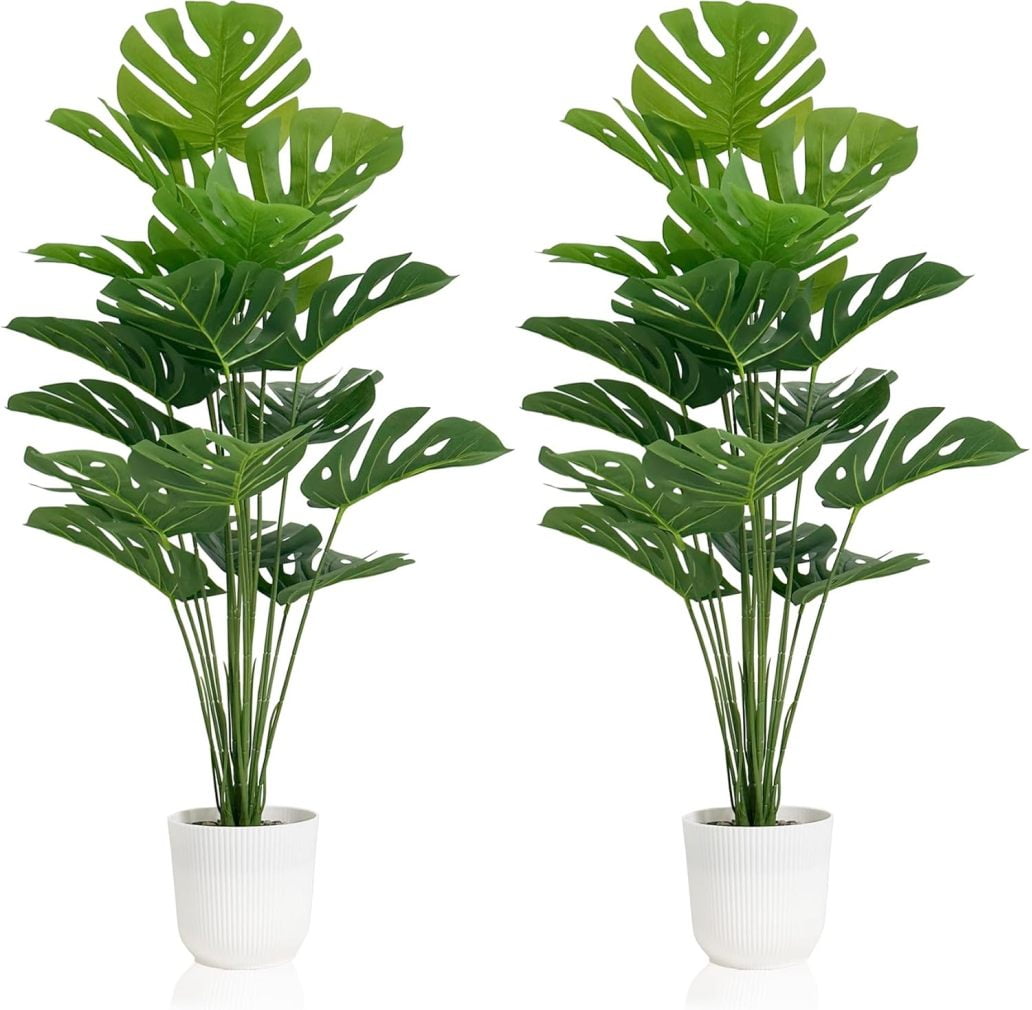 Set of 2 Artificial Monstera Deliciosa Plants in Pots, Fake Tropical ...