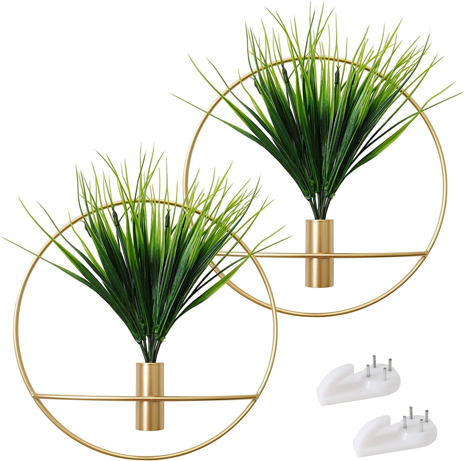Set of 2 Artificial Plants with Gold Metal Round Hanging Hoop for Wall ...