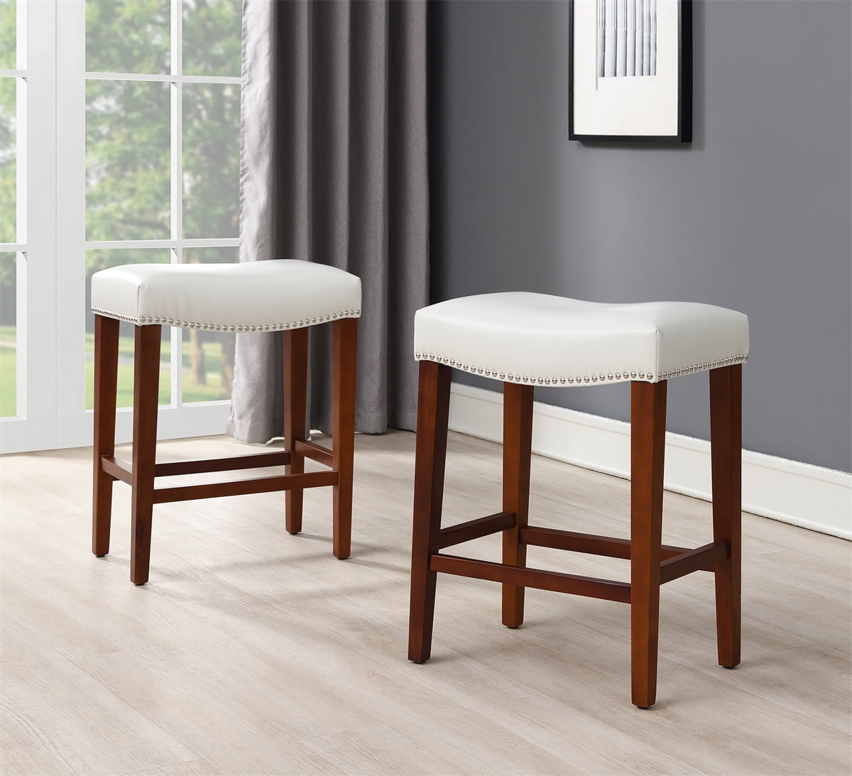Set of 2 Backless Bar Stools Bonded Leather Kitchen Island Stools ...