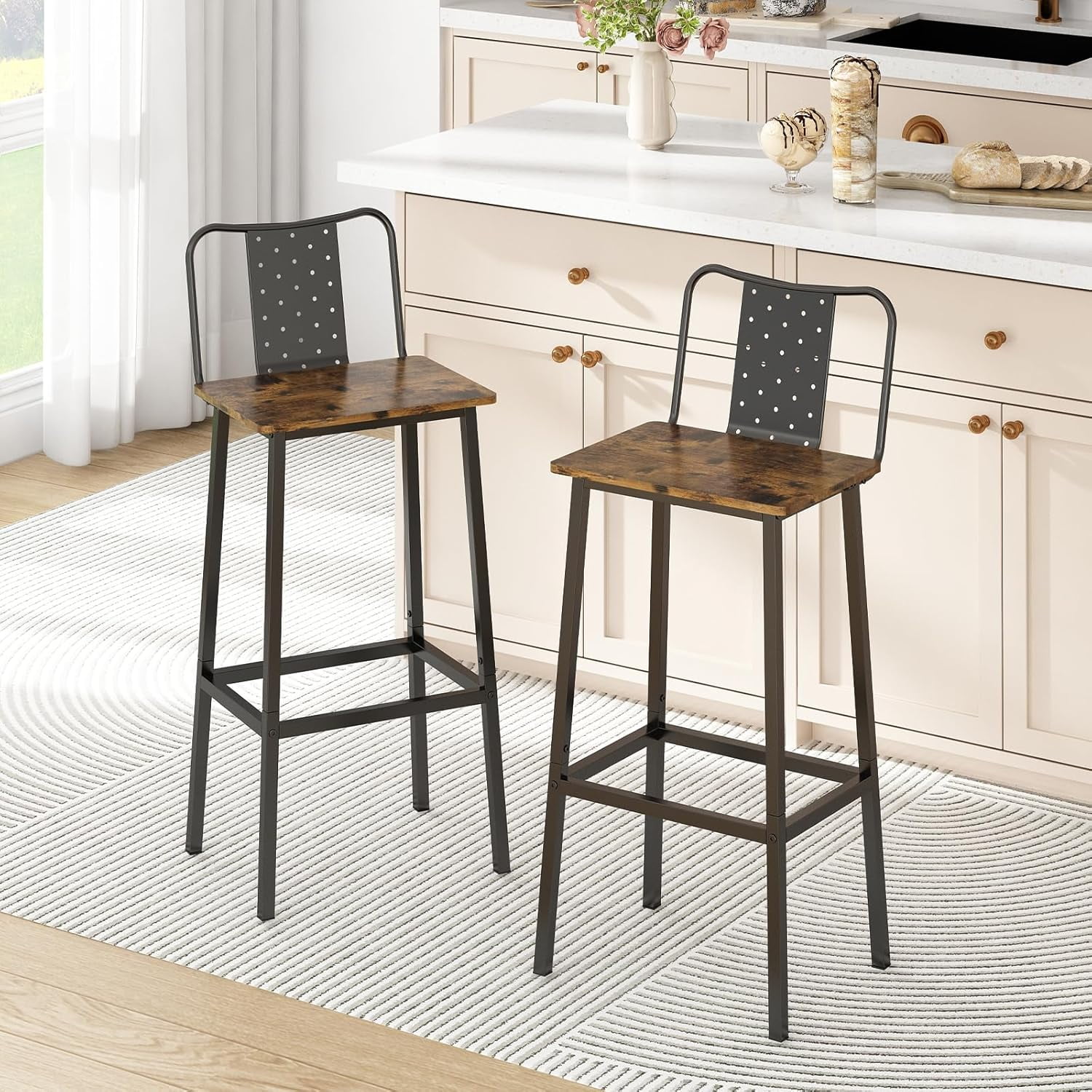 Set of 2 Bar Stools with Backrest and Footrest, Modern Bar Stool Tall ...