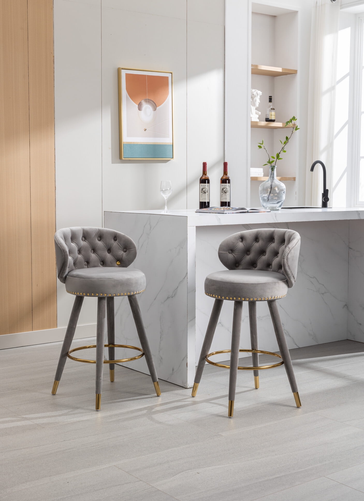 Set of 2 Bar Stools with Button Tufted Backrest and Footrest, Counter ...