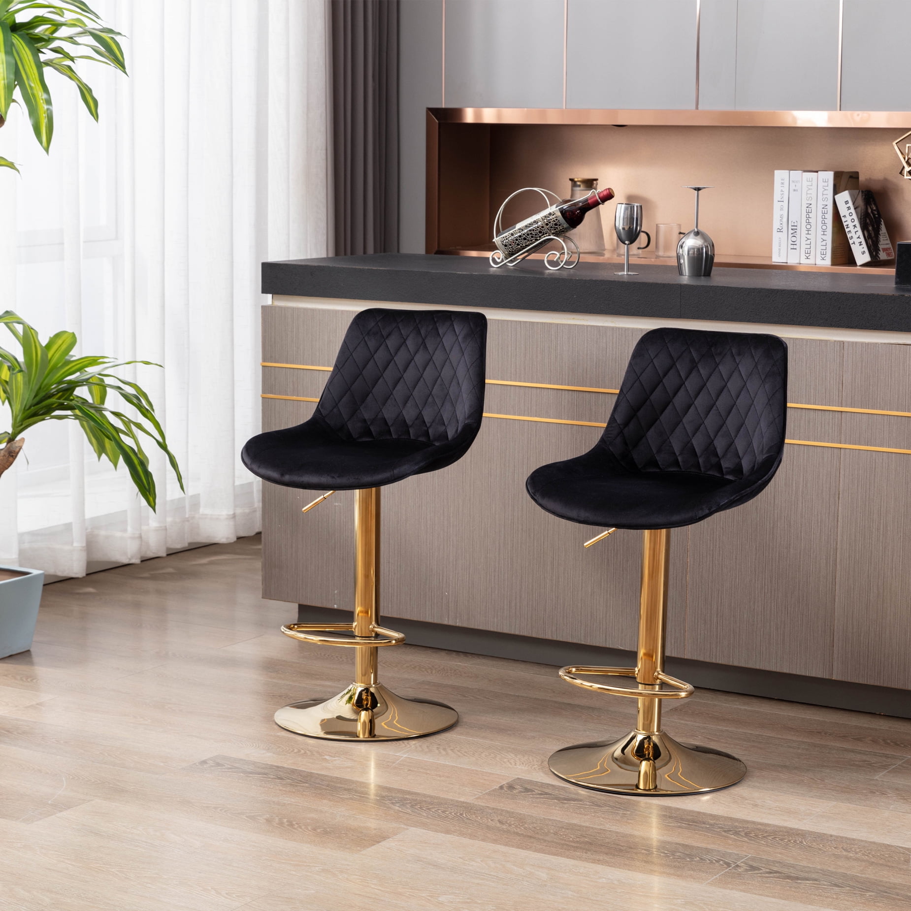Set of 2 Bar Stools, Swivel Bar Chairs with Chrome Footrest and Golden ...