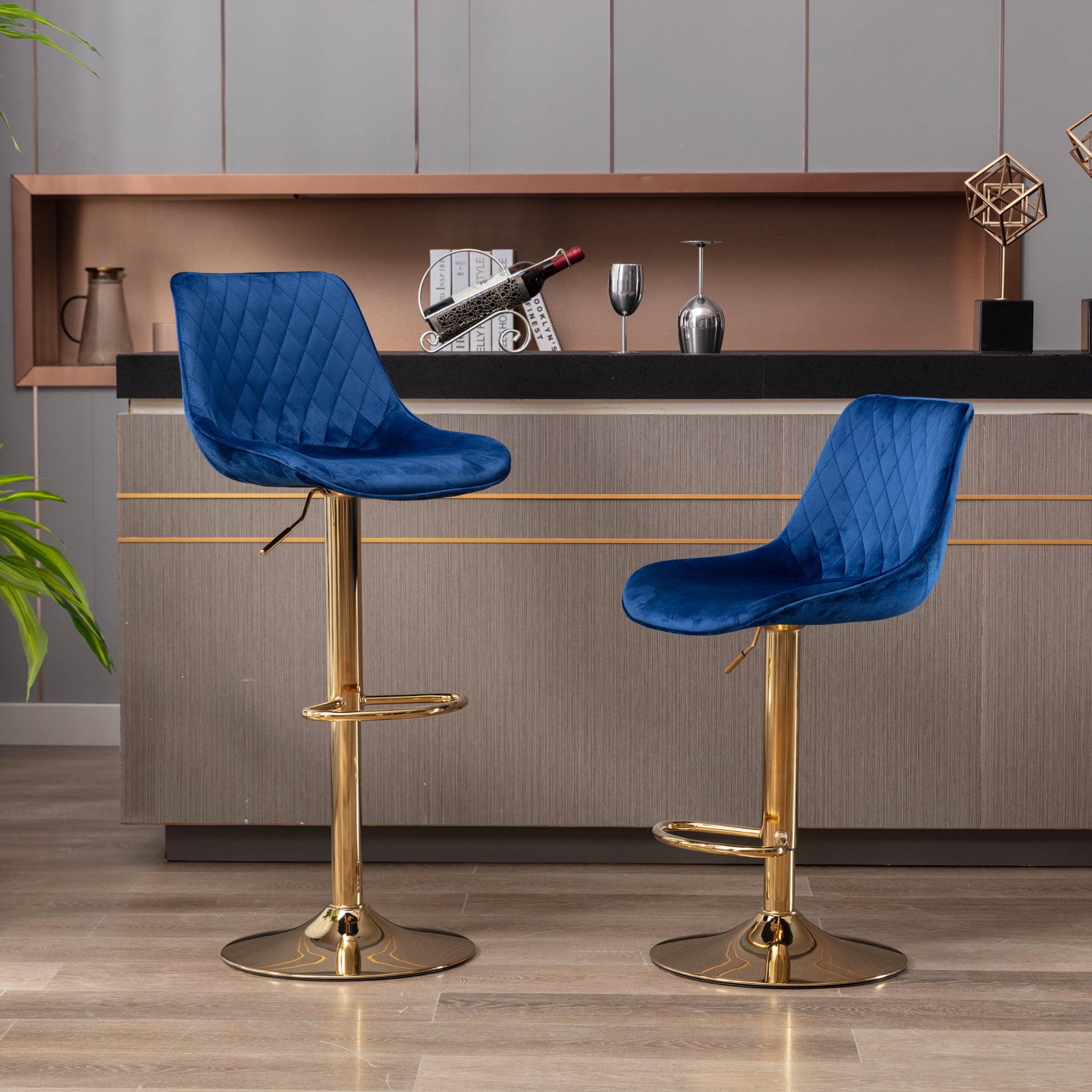 Set of 2 Bar Stools, Swivel Bar Chairs with Chrome Footrest and Golden ...