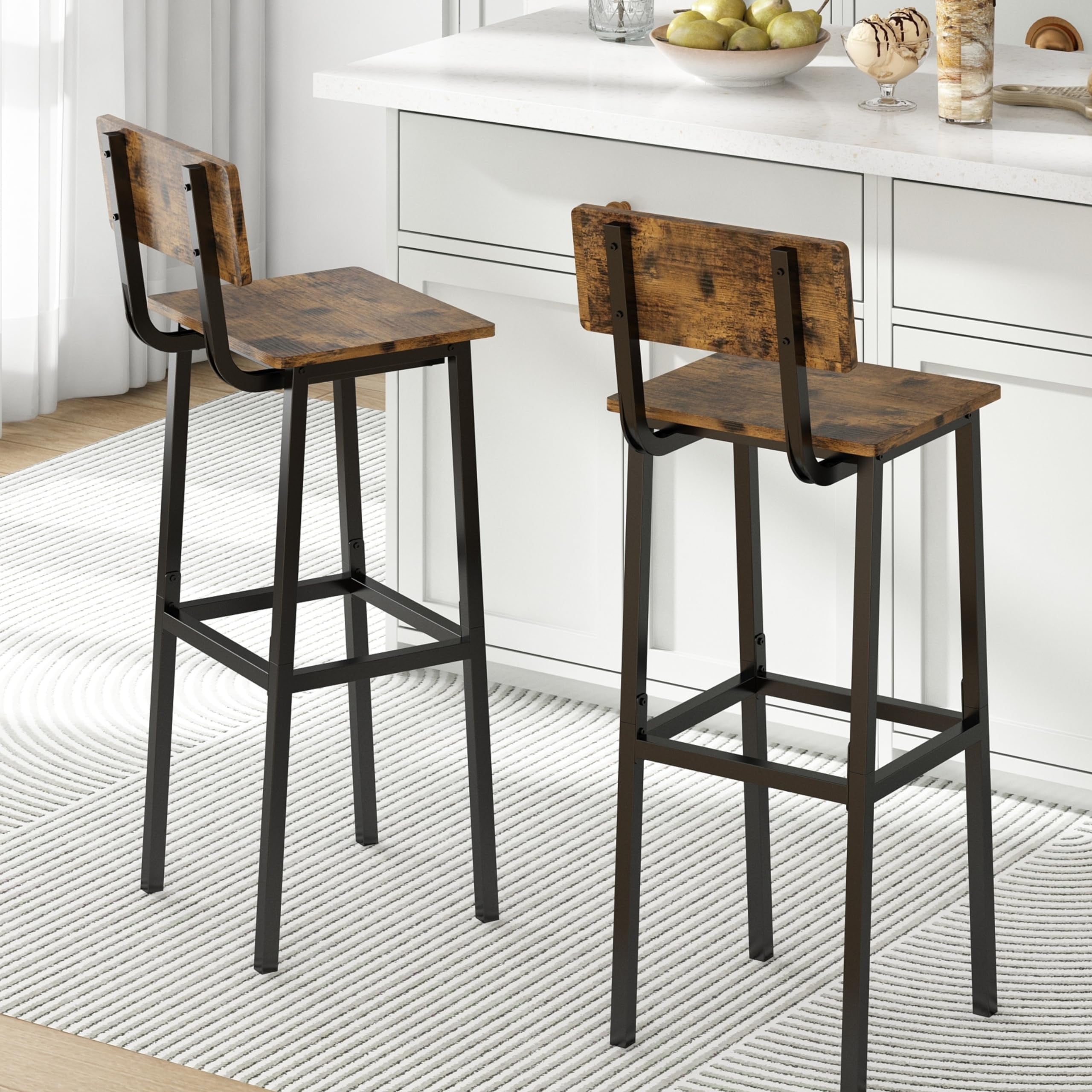 Set of 2 Bar Stools, Tall Bar Stool with Backrest and Footrest, Tall ...