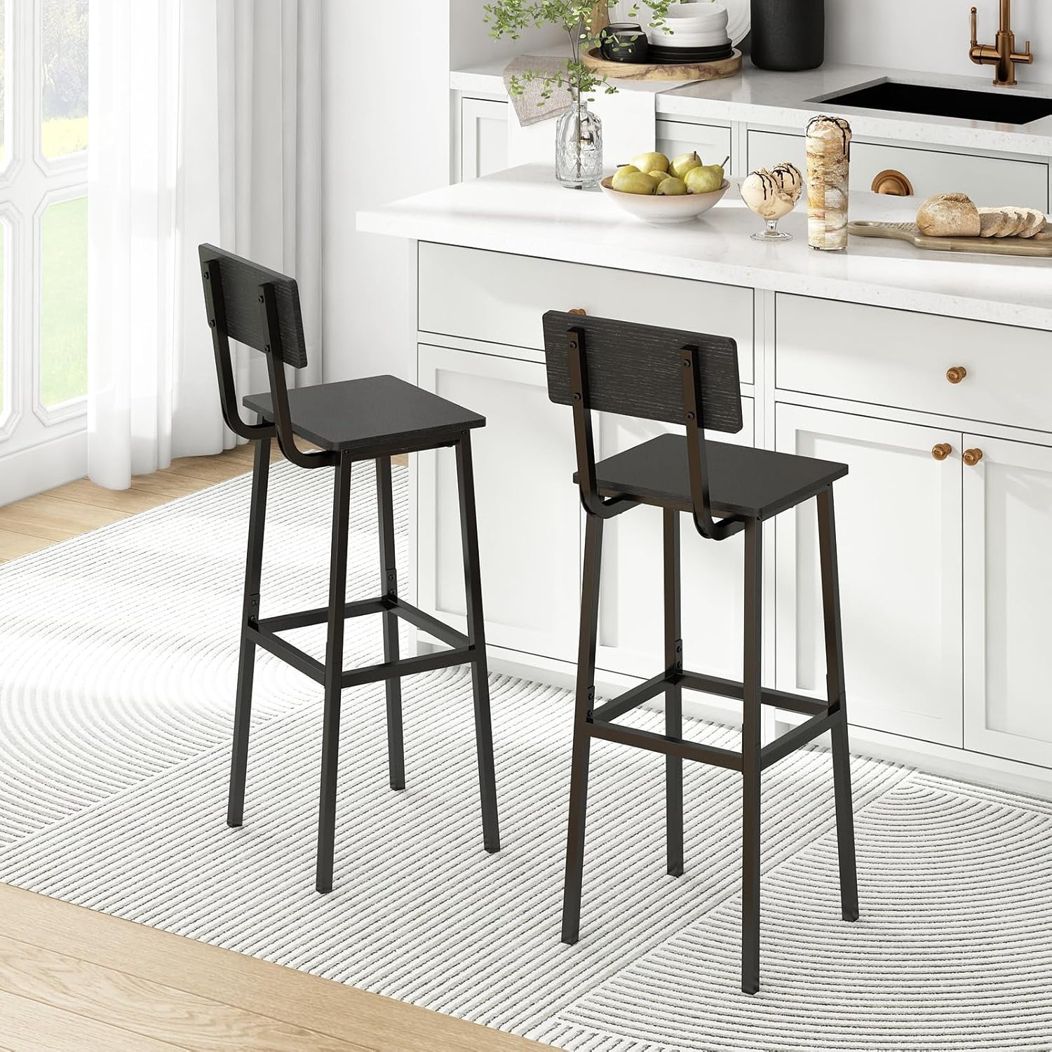 Set of 2 Bar Stools, Tall Bar Stools with Backrest and Footrest, Tall ...