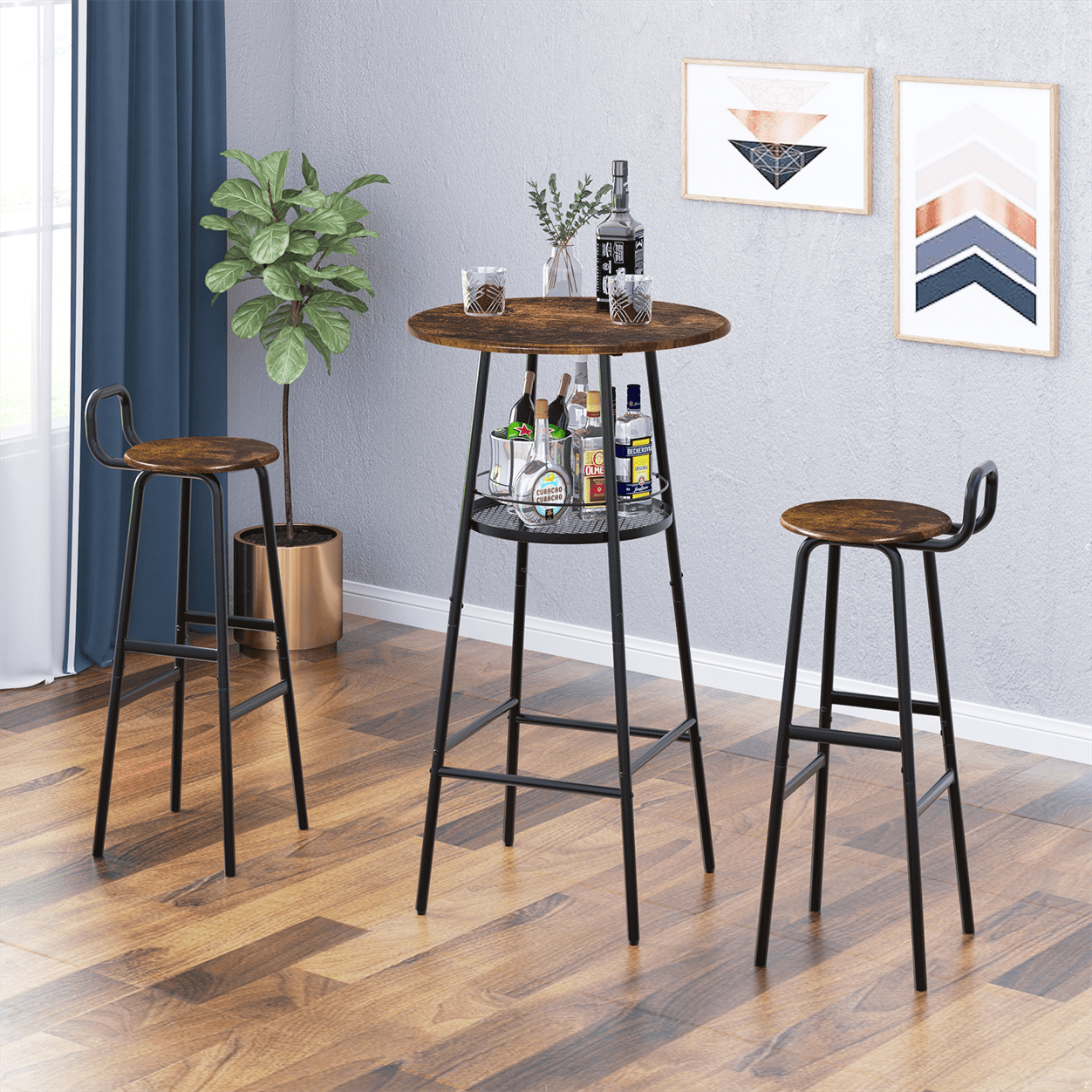 Set of 2 Barstools, Bar Chairs with Backrest and Footrest, Industrial Kitchen Breakfast Stools ...