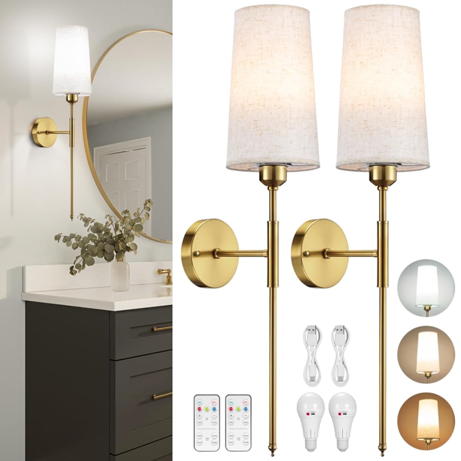 Set of 2 Battery Operated Wall Sconce, Rechargeable Wall Sconce with ...