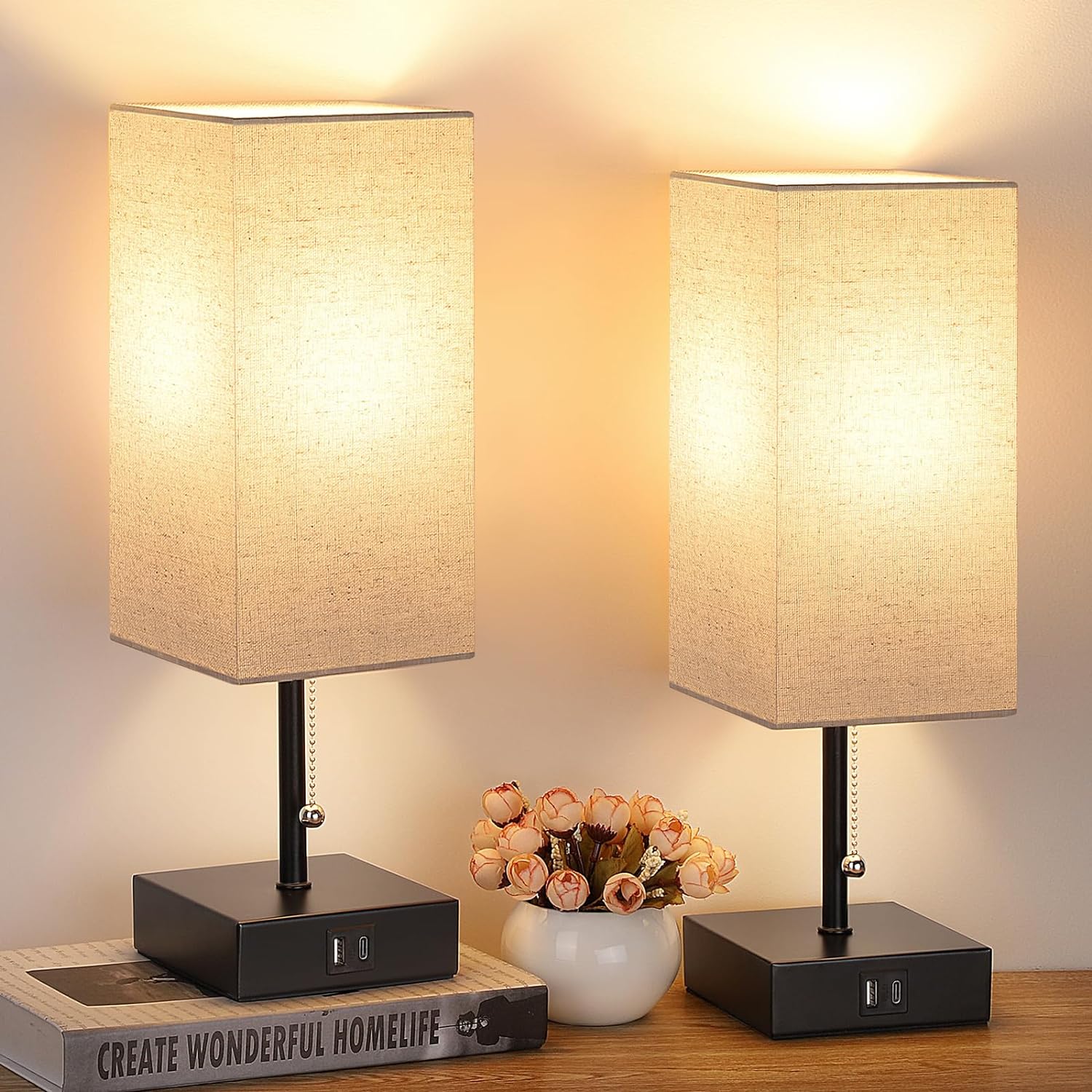 Set of 2 Bedside Table Lamp, Pull Chain Table Lamp with USB C+A ...