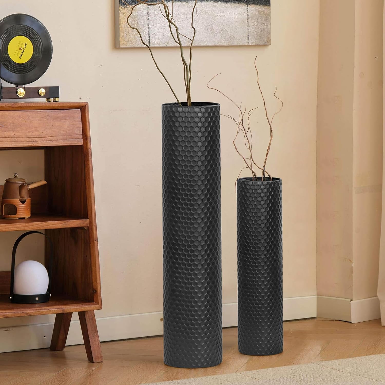 Set of 2 Black Cylinder Floor Standing Vases Large 27/21in Tall Metal ...