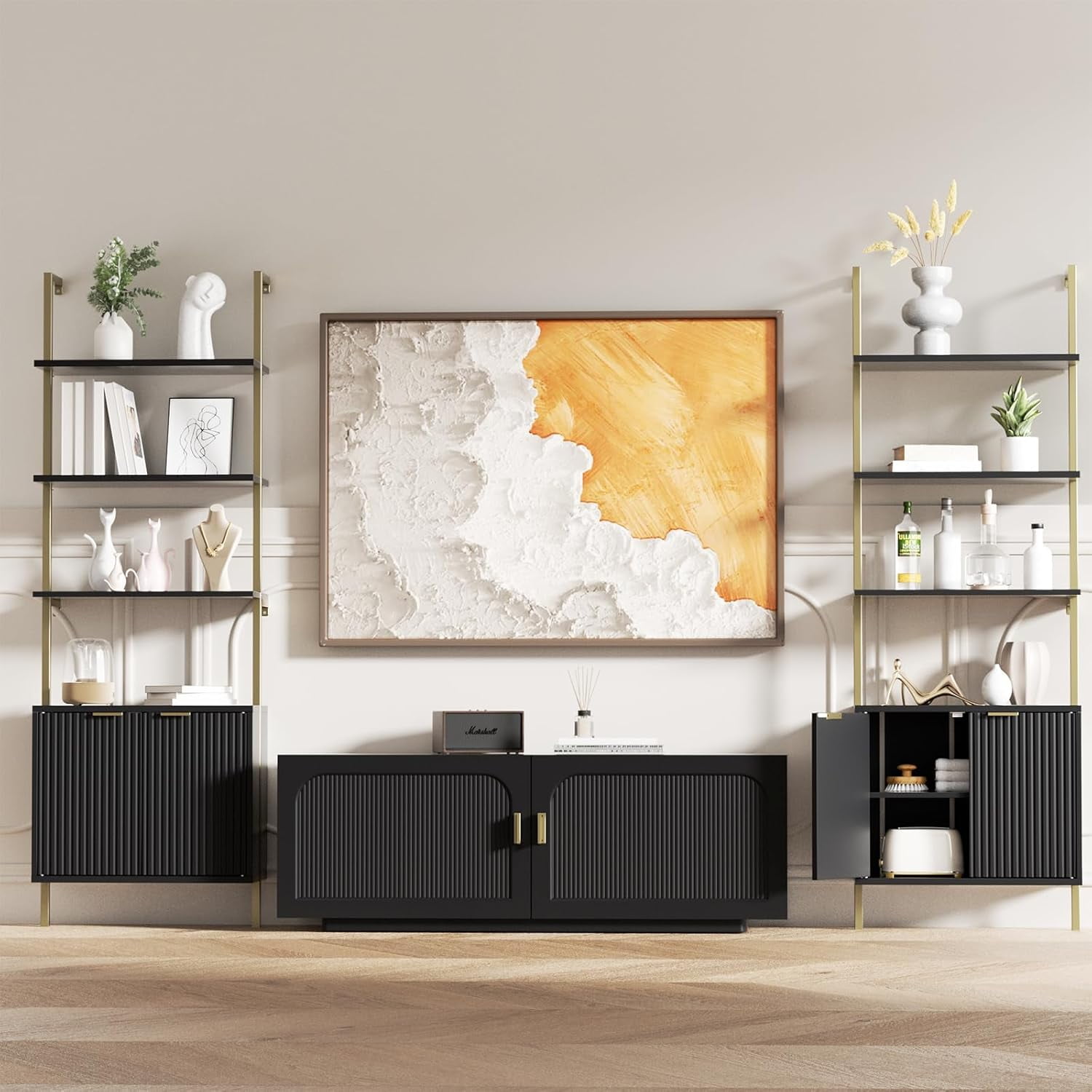 Set of 2 Black & Gold Ladder Shelf with Storage Cabinet, Modern Ladder ...