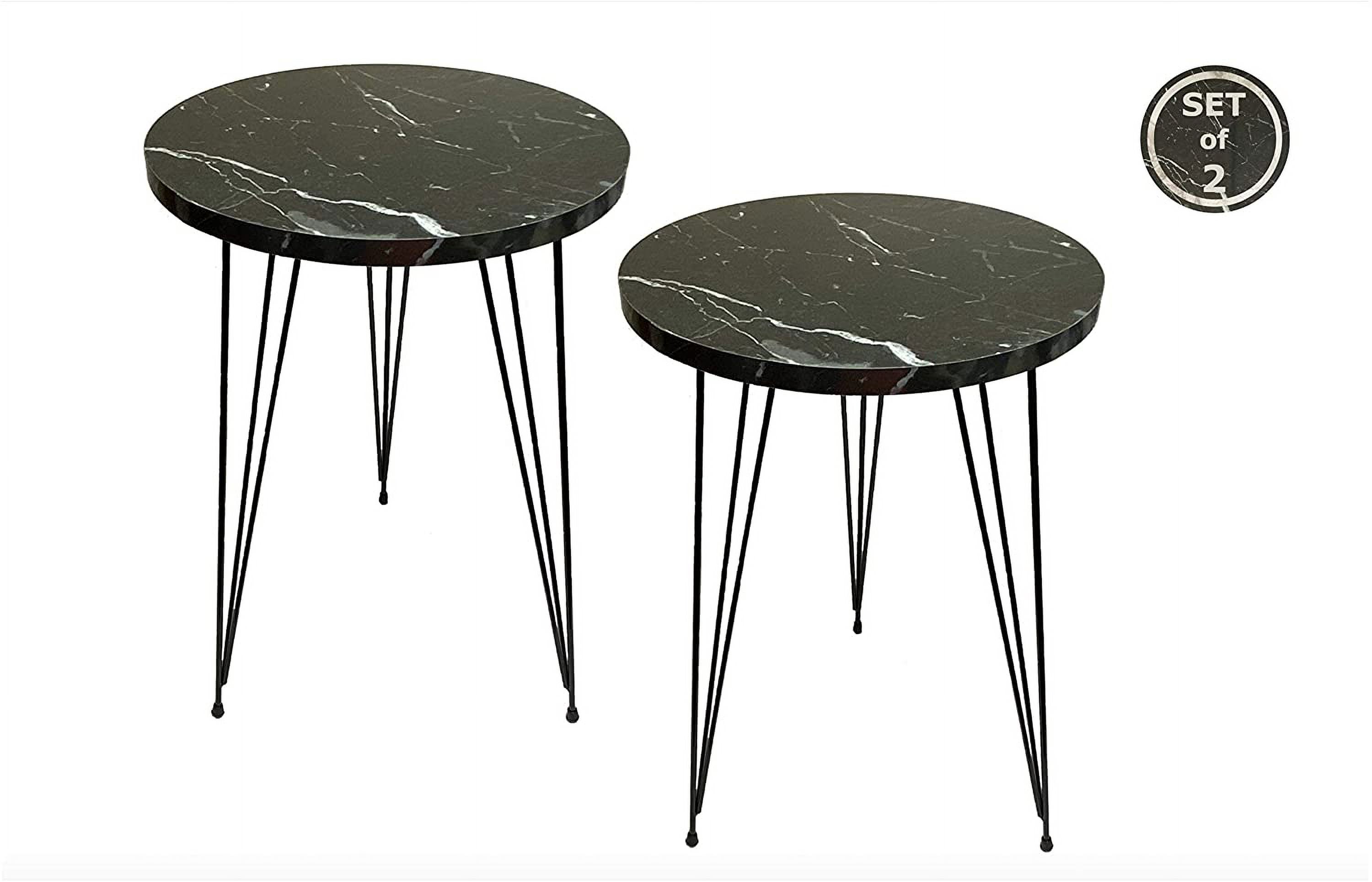 Set of 2 Black Marble End Tables Round Wood Sofa Side Coffee Tables for ...