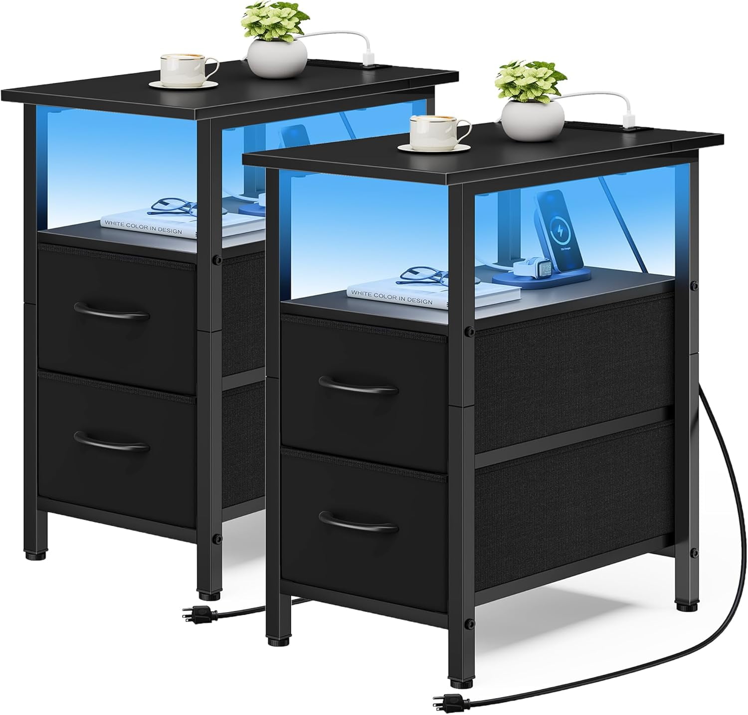 Set of 2 Black Nightstand with Station and Lights, Narrow Side Table ...