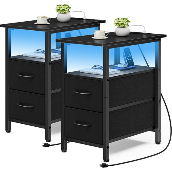 Set of 2 Black Nightstand with Station and Lights, Narrow Side Table ...