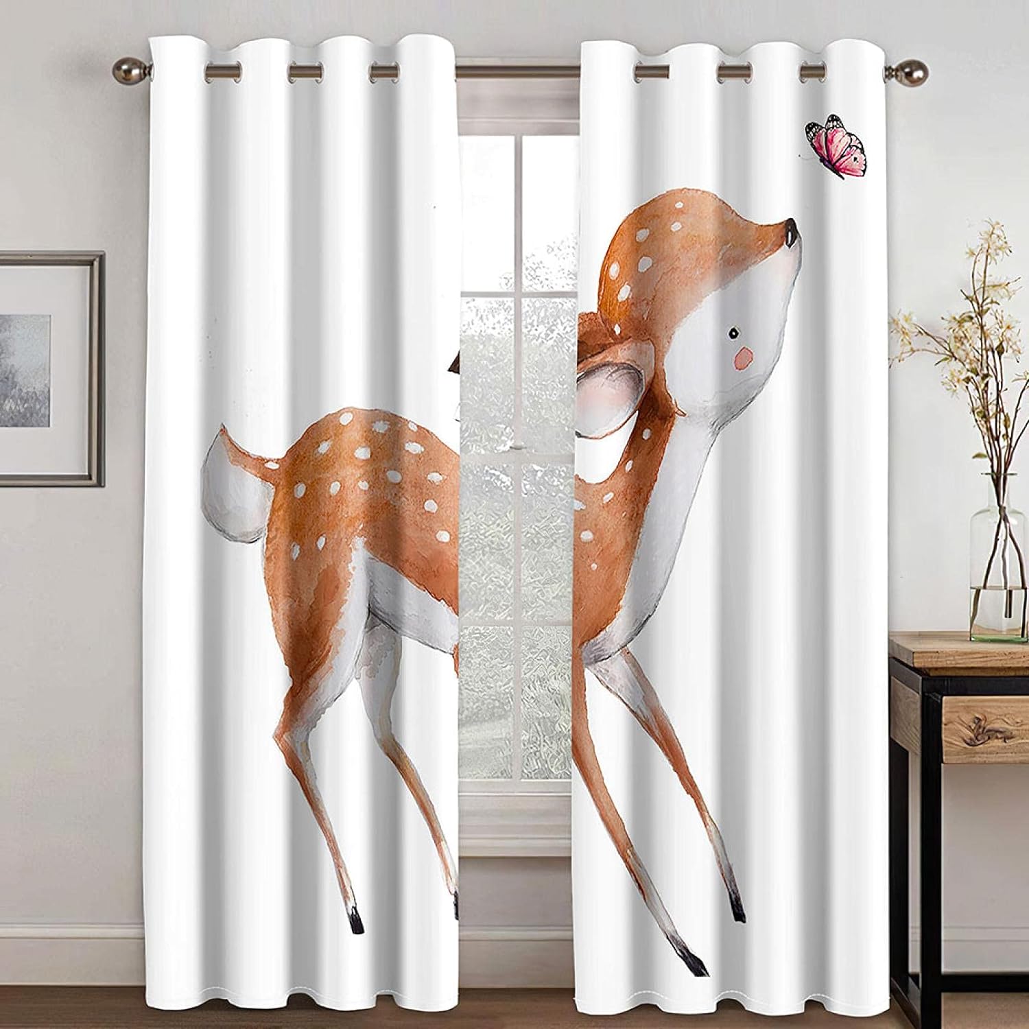 Set of 2 Blackout Eyelet Curtains - 3D Cute Animal Sika Deer Butterfly ...