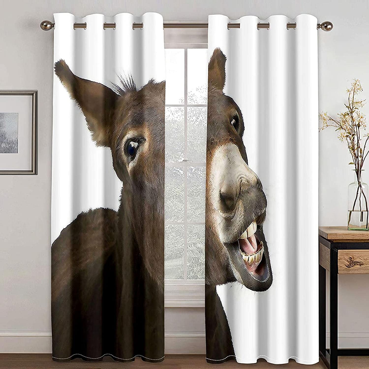 Set of 2 Blackout Eyelet Curtains - 3D Donkey Animal Opaque Curtain ...