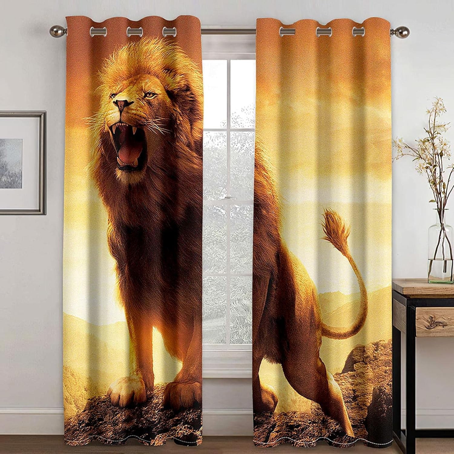 Set of 2 Blackout Eyelet Curtains - 3D Sunset Animals Lion Opaque ...